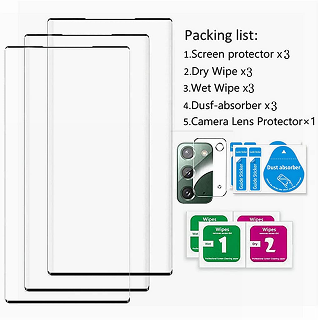 OttarScreen Galaxy Note 20 Screen Protector, 3 Pack Tempered Glass Screen Protector【3+1 Pack 】With 1 Pack Camera Lens Protector, Compatible Fingerprint, 3D Glass 9H Hardness Tempered Glass Screen Protector for Samsung Galaxy Note 20 5g