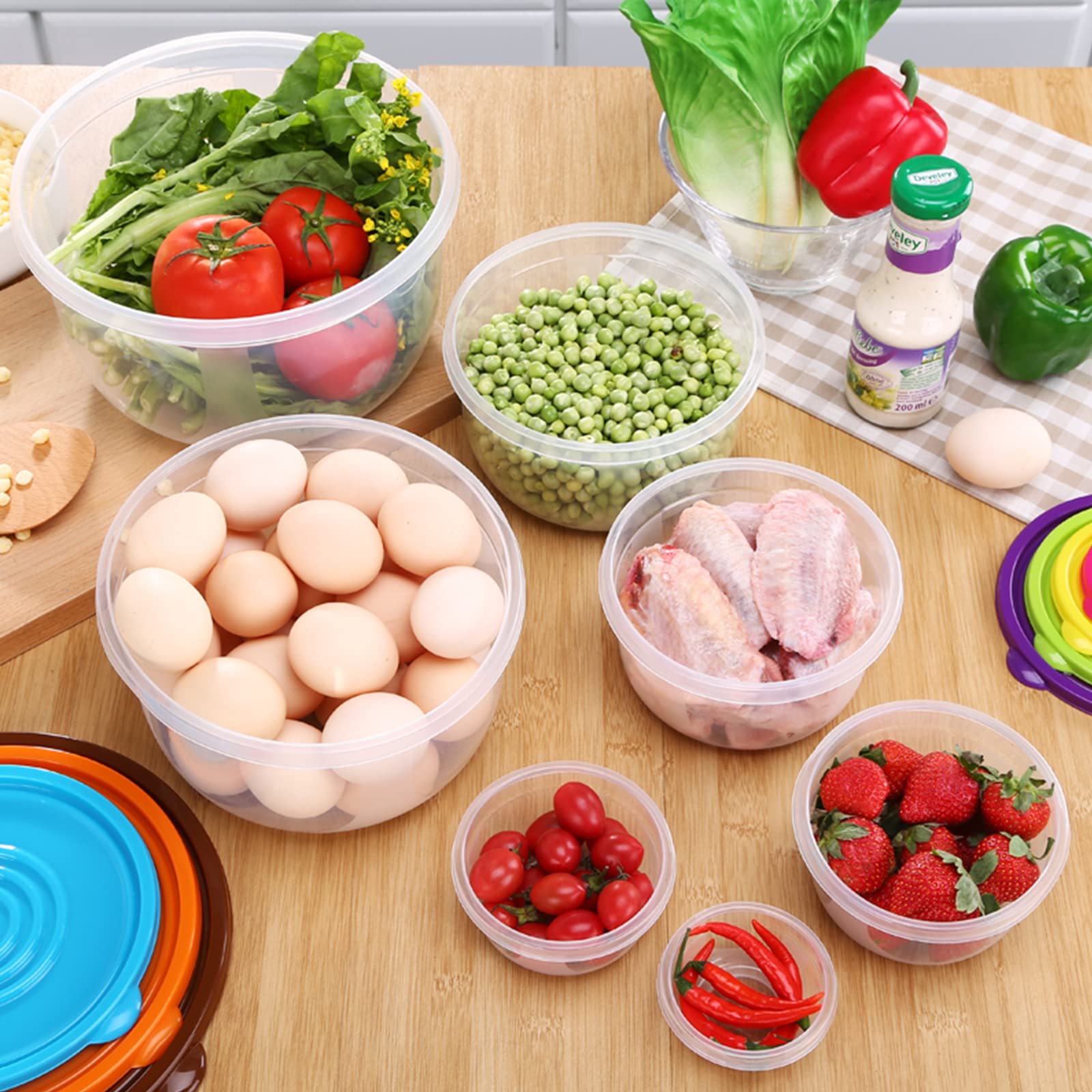 SCWBOEII 7Pcs Round Mixing Bowl Set Salad Bowl with Airtight Lids Plastic Nesting Mixing Bowl Set for Packing and Serving Christmas Salads Candies Cookies