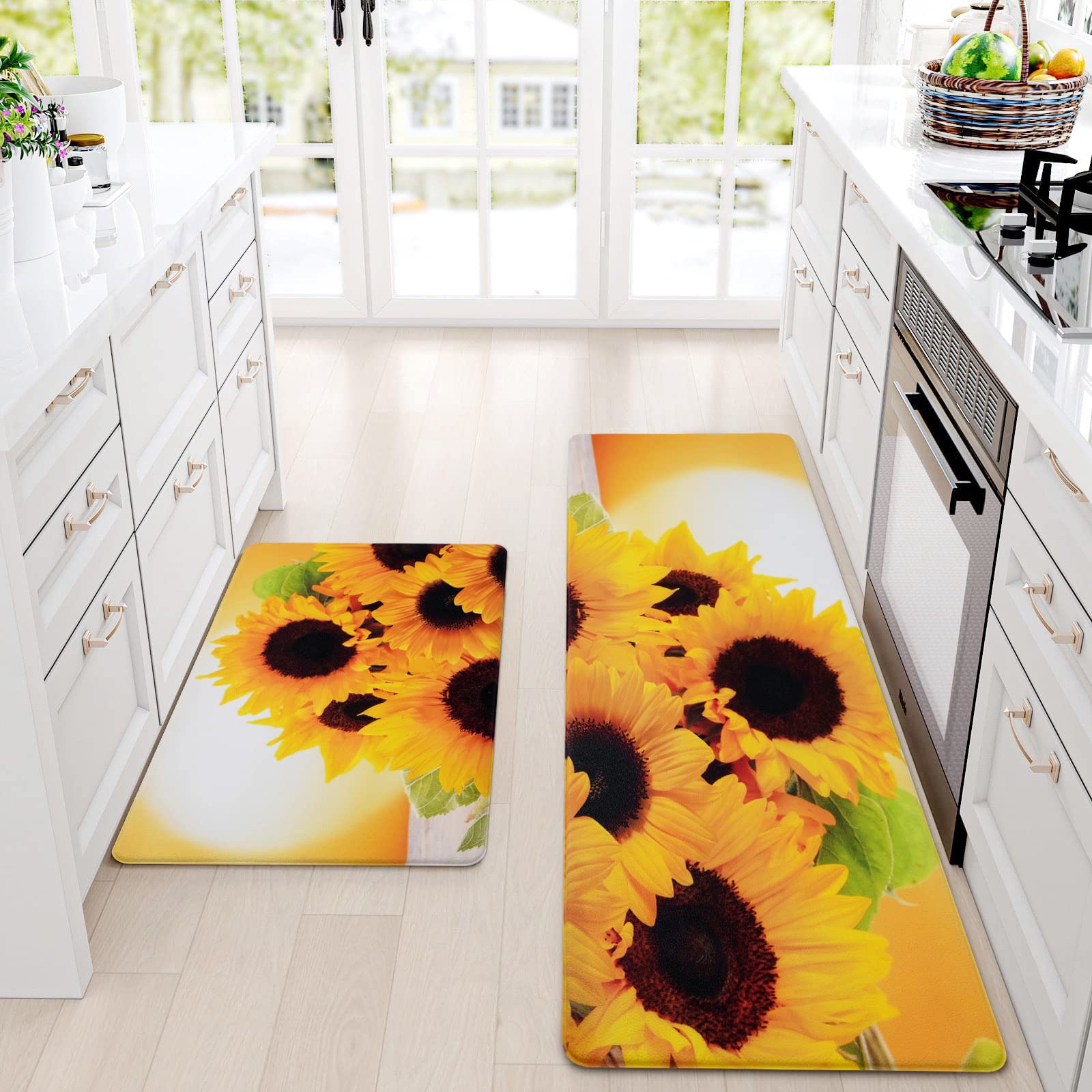 Sunflower Kitchen Mat Set Anti Fatigue 2 Piece, Floral Kitchen Rugs and Mats Non Skid Washable Waterproof, Cushioned PVC Kitchen Rug Comfort Mat for Kitchen Floor Sink, 18'' x 48''+18'' x 30'', Yellow