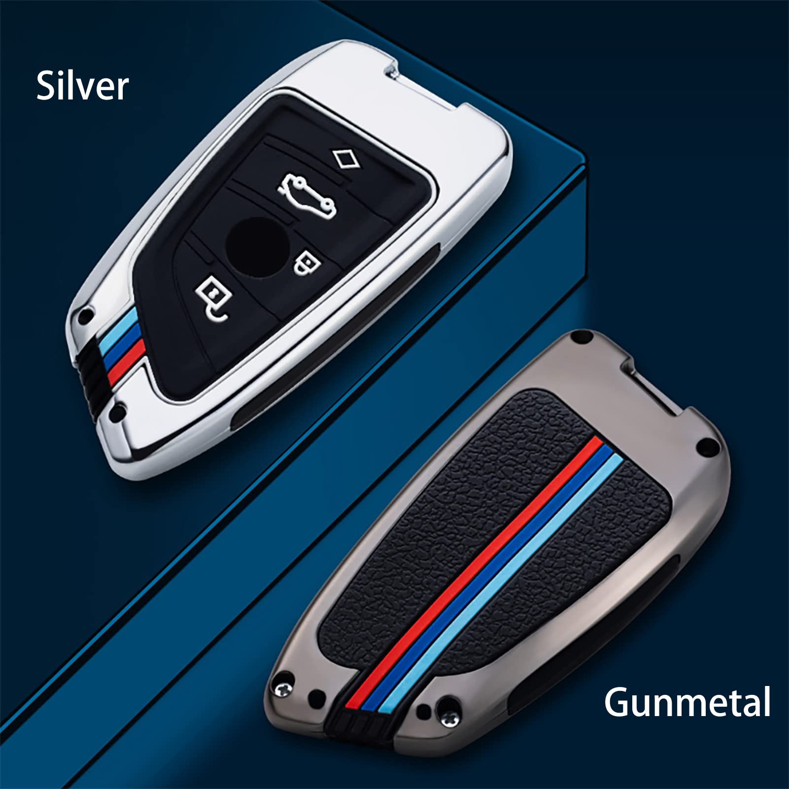 OLLEN Heavy Metal Key Fob Cover Case, Fit for BMW 5 6 7 Series X1 X2 X3 X5 X6 GT Series, Full Protection Key Fob Shell Case, Blade Shape, Silver (1 Pcs)