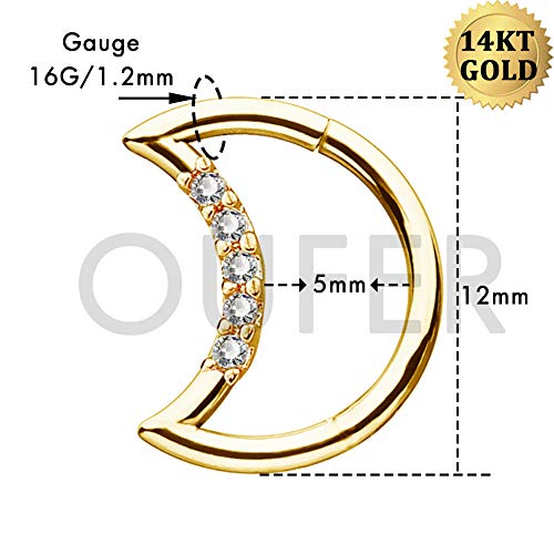 OUFER 16G Daith Earrings 14K Solid Gold Daith Hoop Cubic Zirconia Paved Moon Daith Piercing Jewelry Cartilage Earring Hoop