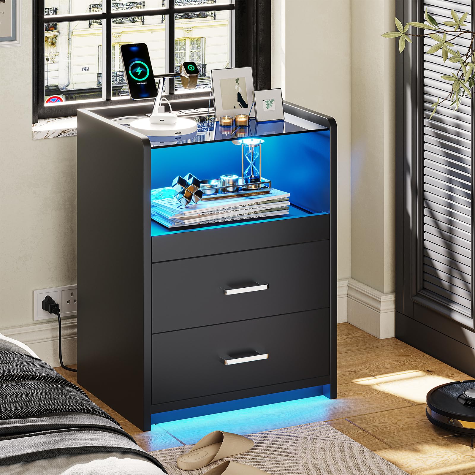 MSmask Black Nightstand with Charging Station and LED Lights, Glass Top Night Stand with Pull-Out Shelf, LED Nightstand with Sliding Drawers, Modern Bedside Tables with Open Storage for Bedroom, Dorm