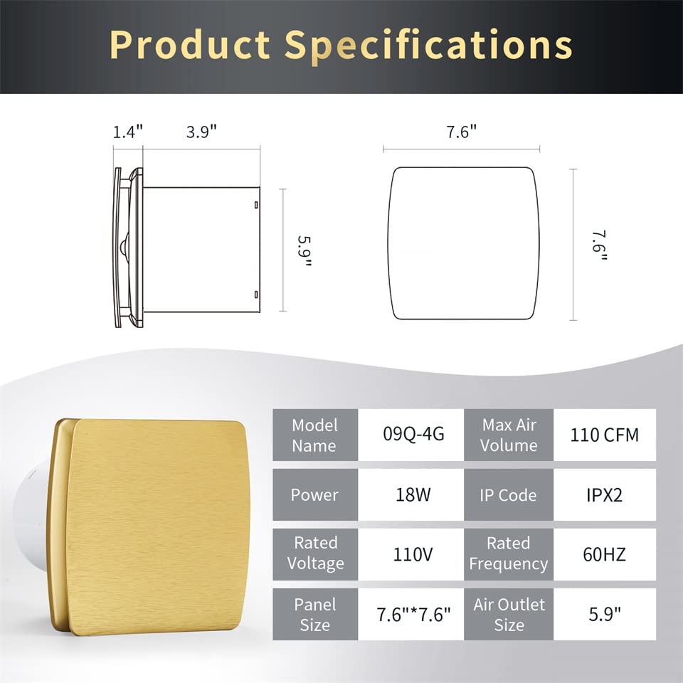 Zeyzer Gold Bathroom Exhaust Fan 110 CFM 1.0 Sone 5.9" Duct Modern Square Ceiling or Wall Mount Ventilation AC Vent Fan for Bathroom/Corridor/Office/Laundry Room/Shop