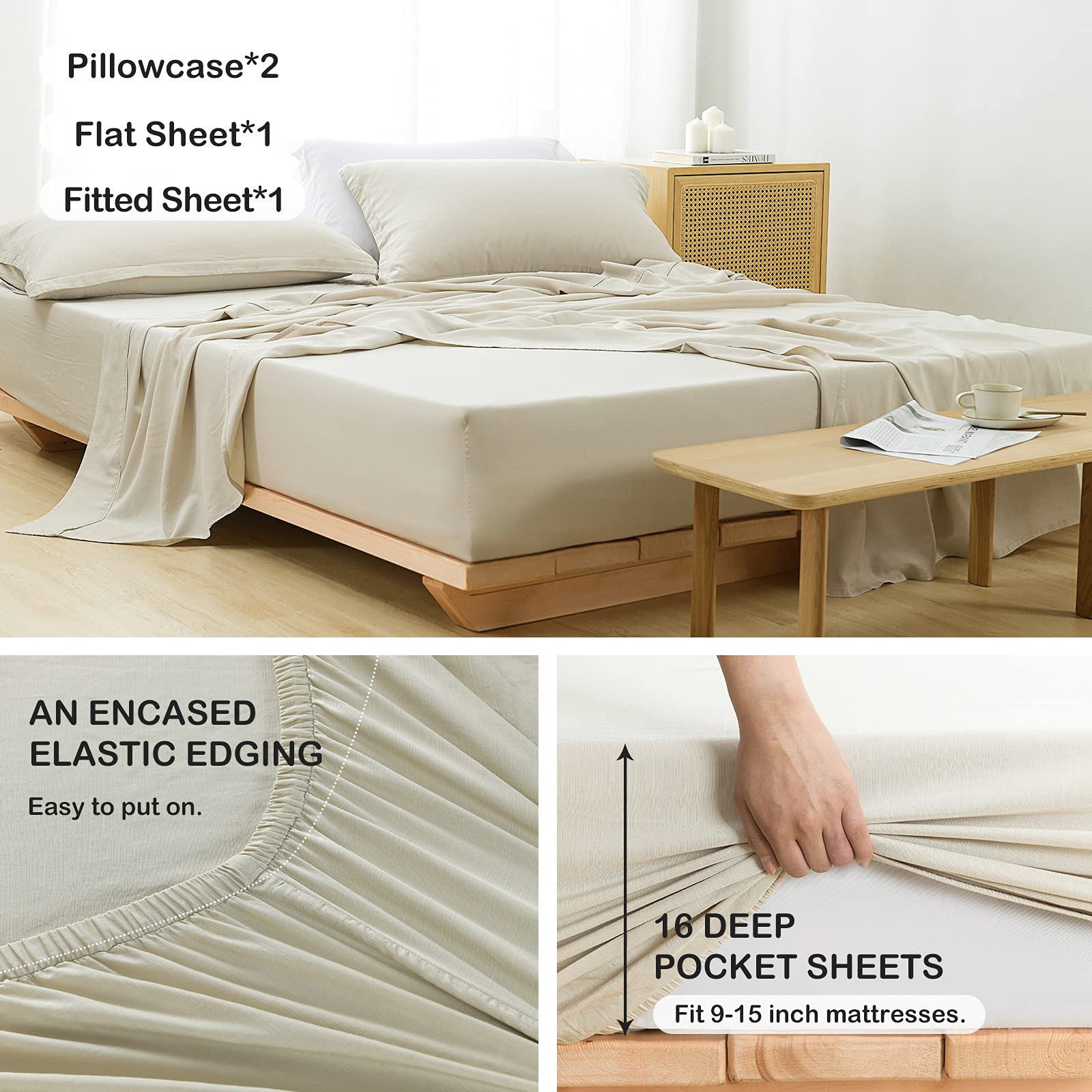 PANDATEX Beige Linen-Textured Bed Sheets Set, Bamboo Rayon, Cotton, Linen Blend Bed Sheets Queen Size, Soft Cool & Breathable for Hot Sleepers,Durable Natural Organic Bed 15'' Deep Pocket - 4 Piece