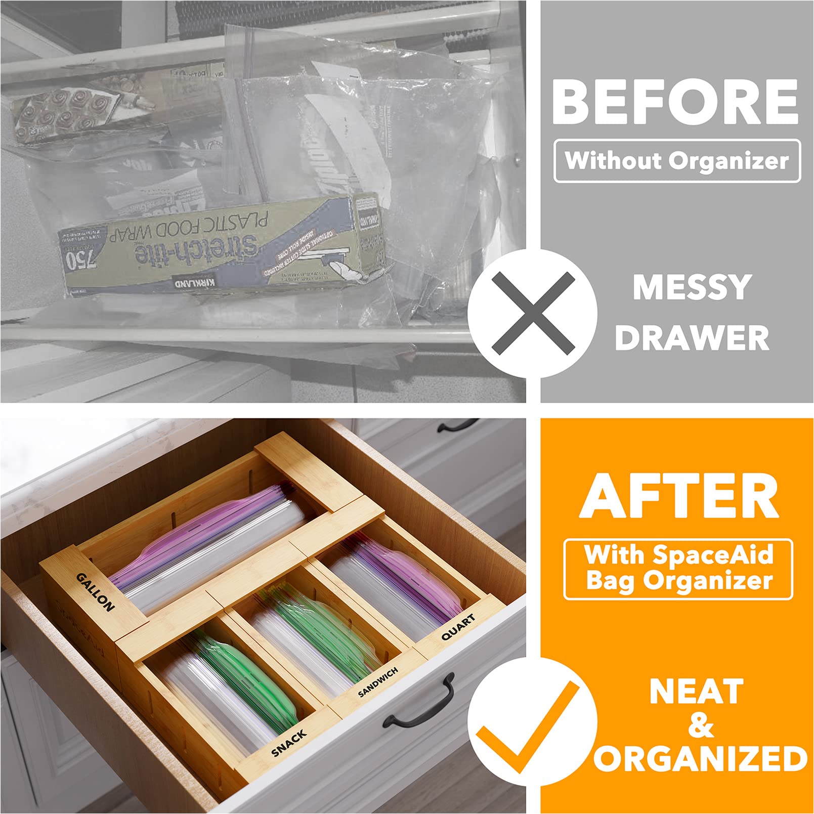 SpaceAid WrapNeat 2 in 1 Wrap Dispenser with Cutter and Labels, Bag Storage Organizer for Kitchen Drawer, (4 Pack)