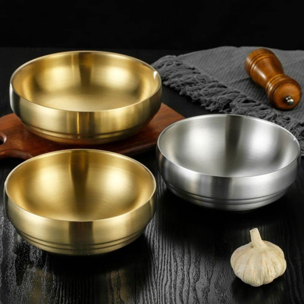 SHISI Korean Bibimbap Bowl Stainless Steel Double Layer Insulated Bowl Soup Bowl Mixing Bowl for Kitchen Flatware(12cm,Silver)