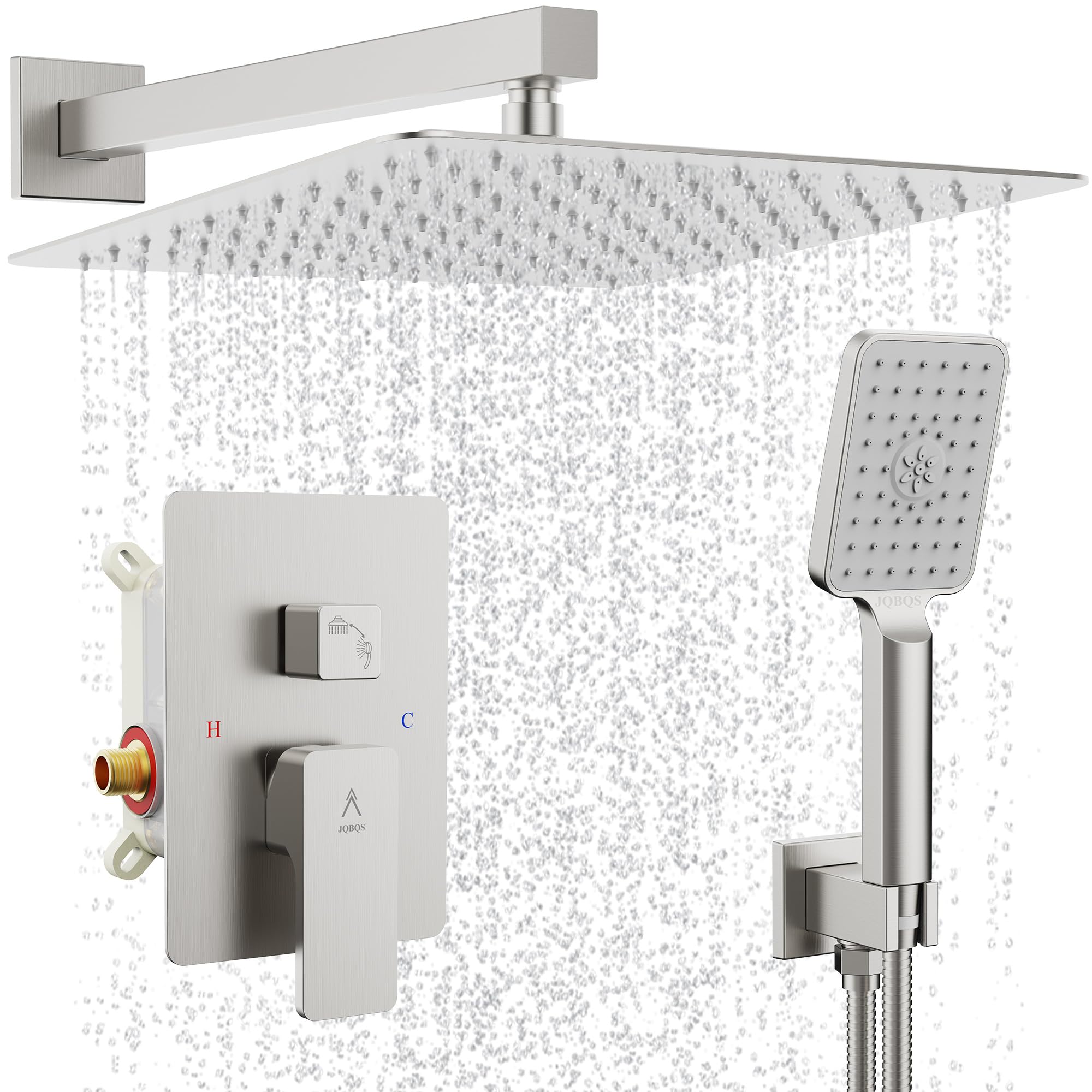 Shower System Modern Rain 12 inches Brass Shower Faucet Set With Valve and Diverter Shower Mixer With Handheld High Pressure Square Rainfall Shower Rough-in Valve (12ââ, Brushed Nickel)