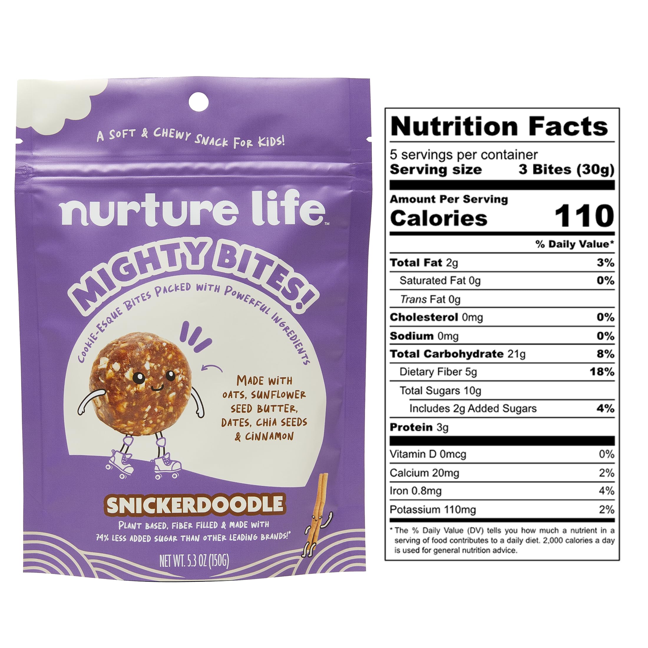 Nurture Life Mighty Bites - Snickerdoodle - Healthy Snacks for Kids & Toddlers Made with Oats Sunflower Seed Butter, Dates, Chia Seeds and Cinnamon - Plant-Based, Low-Sugar, High Fiber - 15 Pieces (Pack of 1)