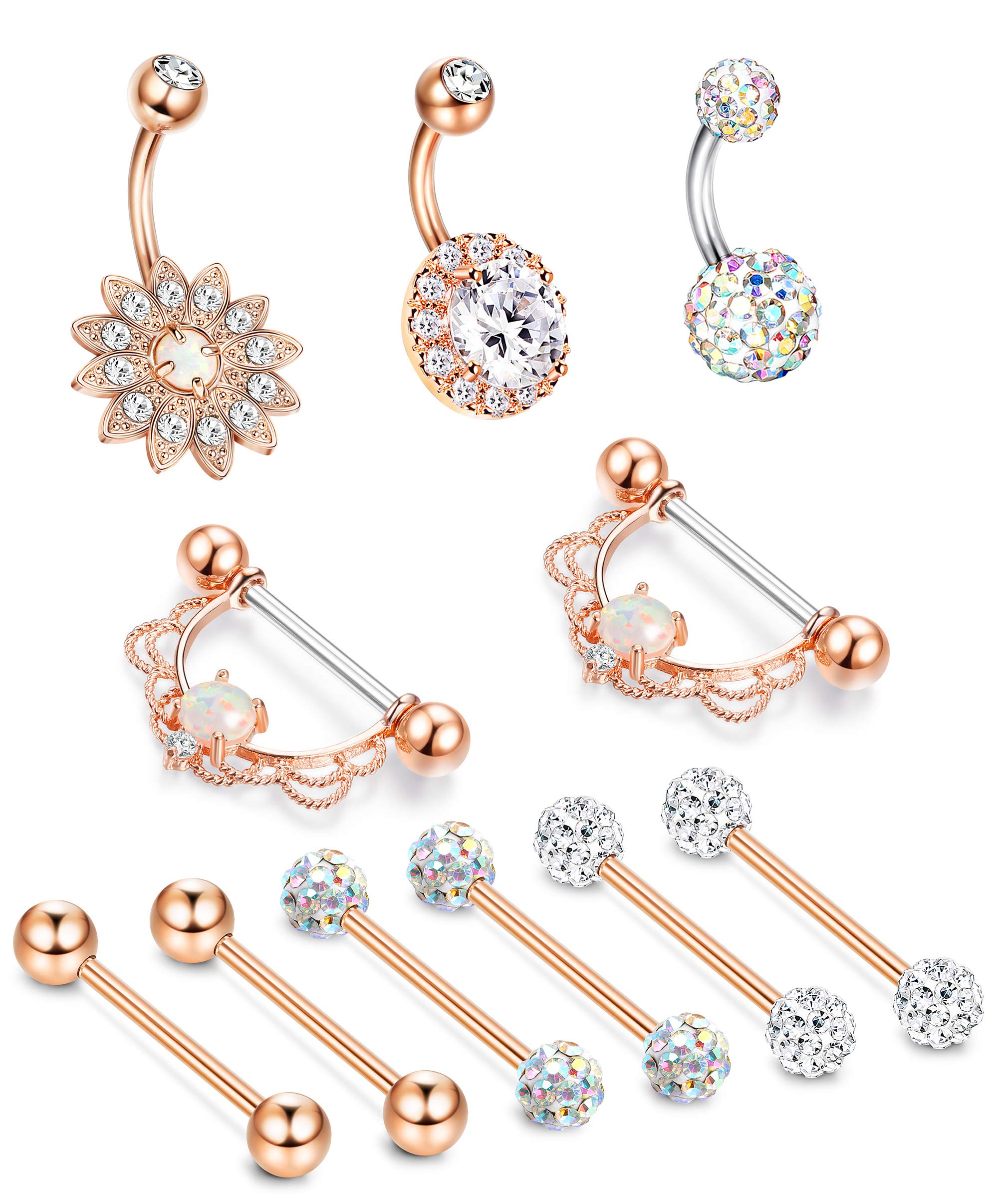 ORAZIO 11 PCS 14G Stainless Steel Nipplerings Nipple Tongue Belly Button Rings CZ Opal Barbell Body Piercing Jewelry
