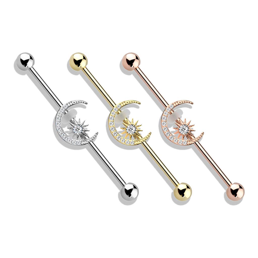 Pierced Owl CZ Crystal Paved Crescent Moon and Star Stainless Steel Industrial Barbell (Silver Tone)