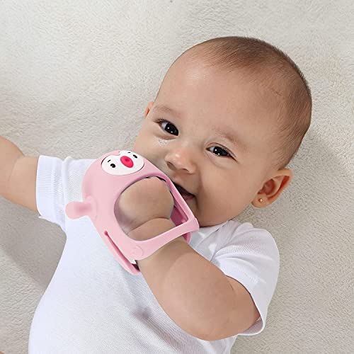 Wearable Penguin Teether, Never Drop Silicone Baby Teething Toy for Infants, Chew Toys for Sucking Needs, Hand Pacifier for Breast Feeding Babies, Car Seat Toy for New Born (Pink)