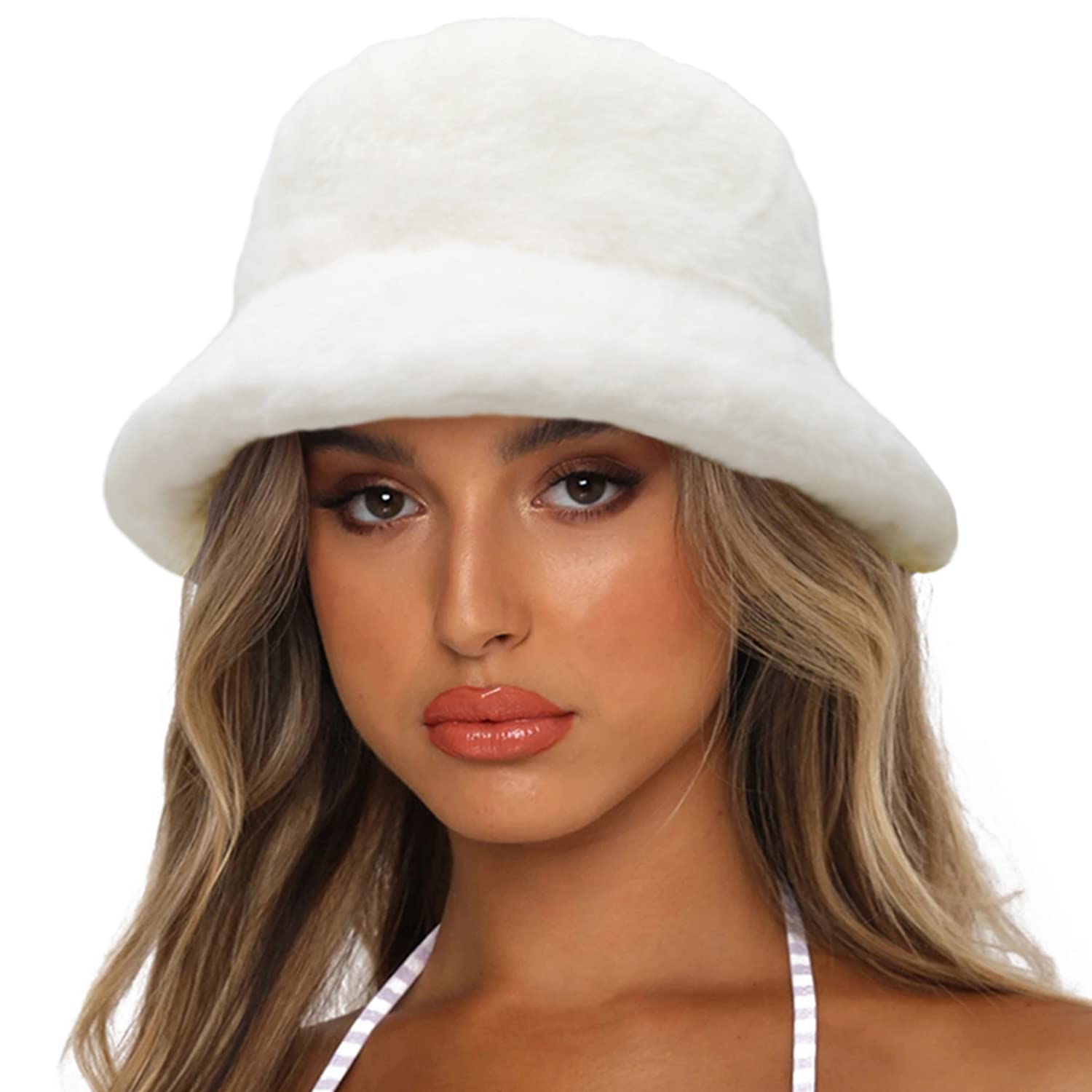 Sydbecs Winter Bucket Hat Fluffy Faux Fur Fisherman Cap for Women Men Solid Color Style(White)