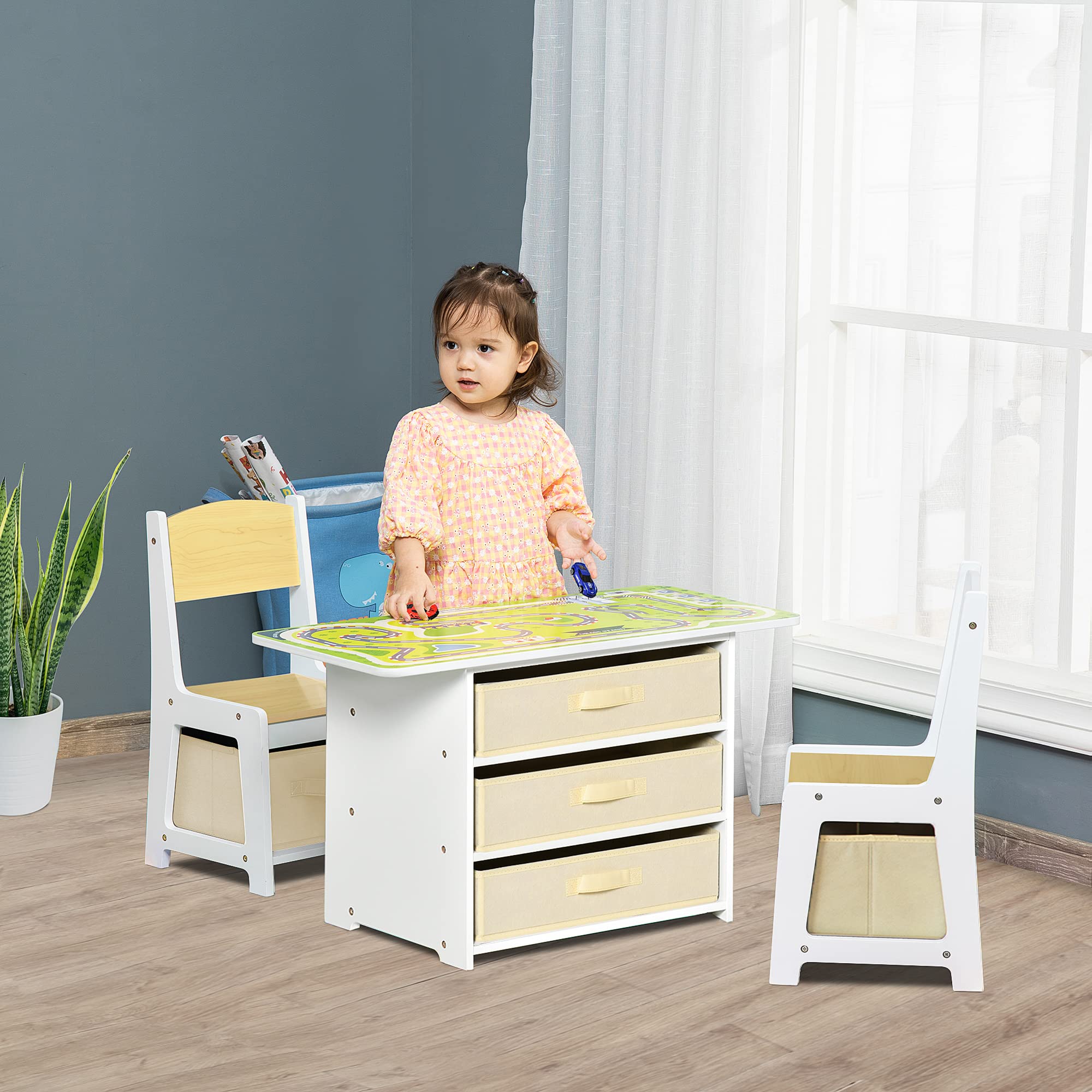 Qaba 3-in-1 Kids Activity Table and Chairs Set with 3 Surfaces Including Kids Drawing Table, Kids Building Blocks Table, Road Map with 2 Cars, Storage Baskets for Preschool Children