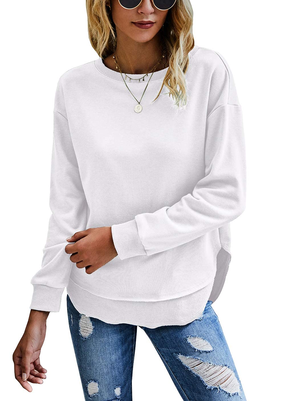 Syellowafter Women Casual Crew-Neck Pullover Long Sleeves Sweatshirts Loose Soft Tunic Tops Casual Comfy Shirts White Medium