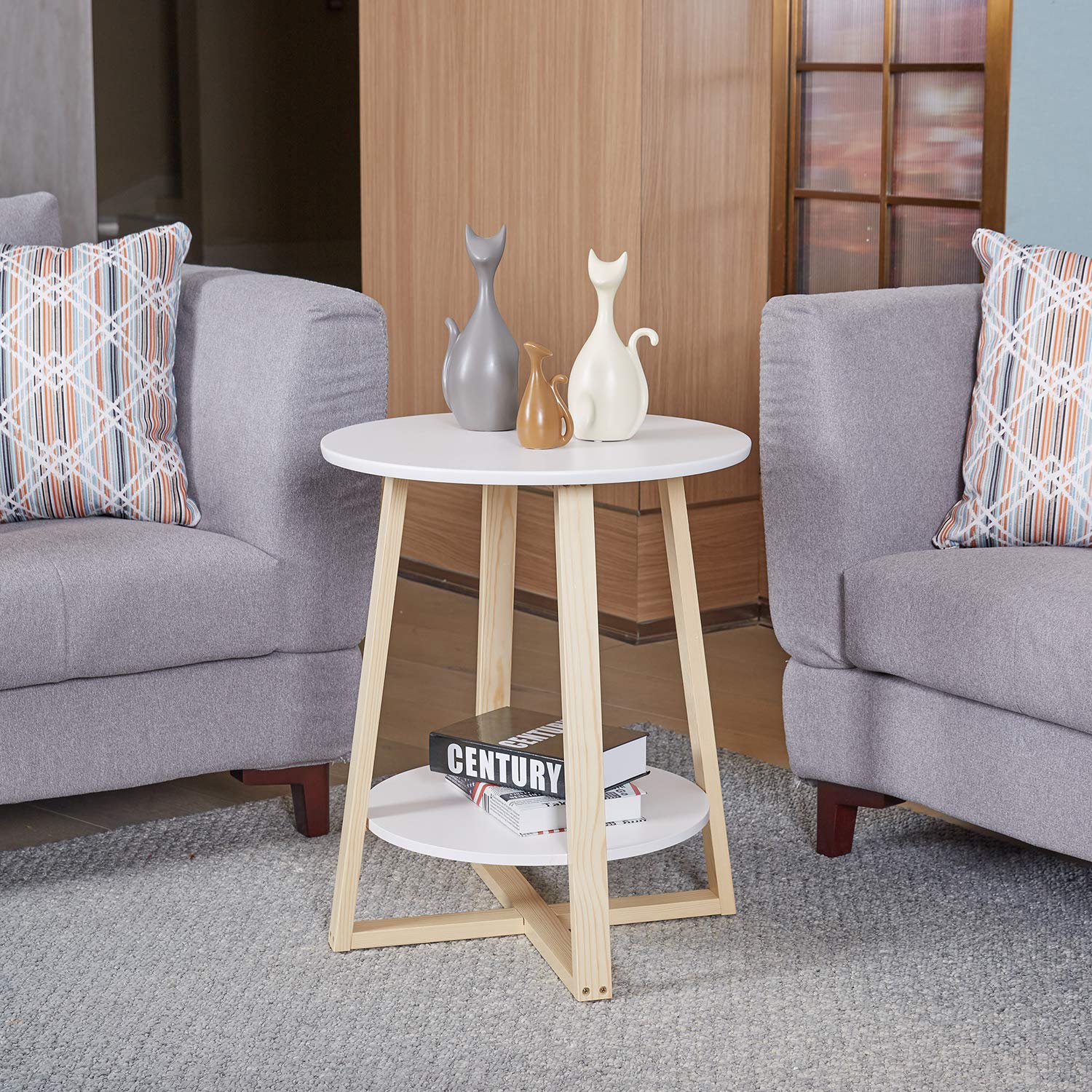 NXN-HOME Round Sofa Side End Table with 2-Tier Storage, White Sofa Small Side Table for Home Office Living Room Bedroom Furniture, MDF Desktop, Durable Solid Wood Bracket