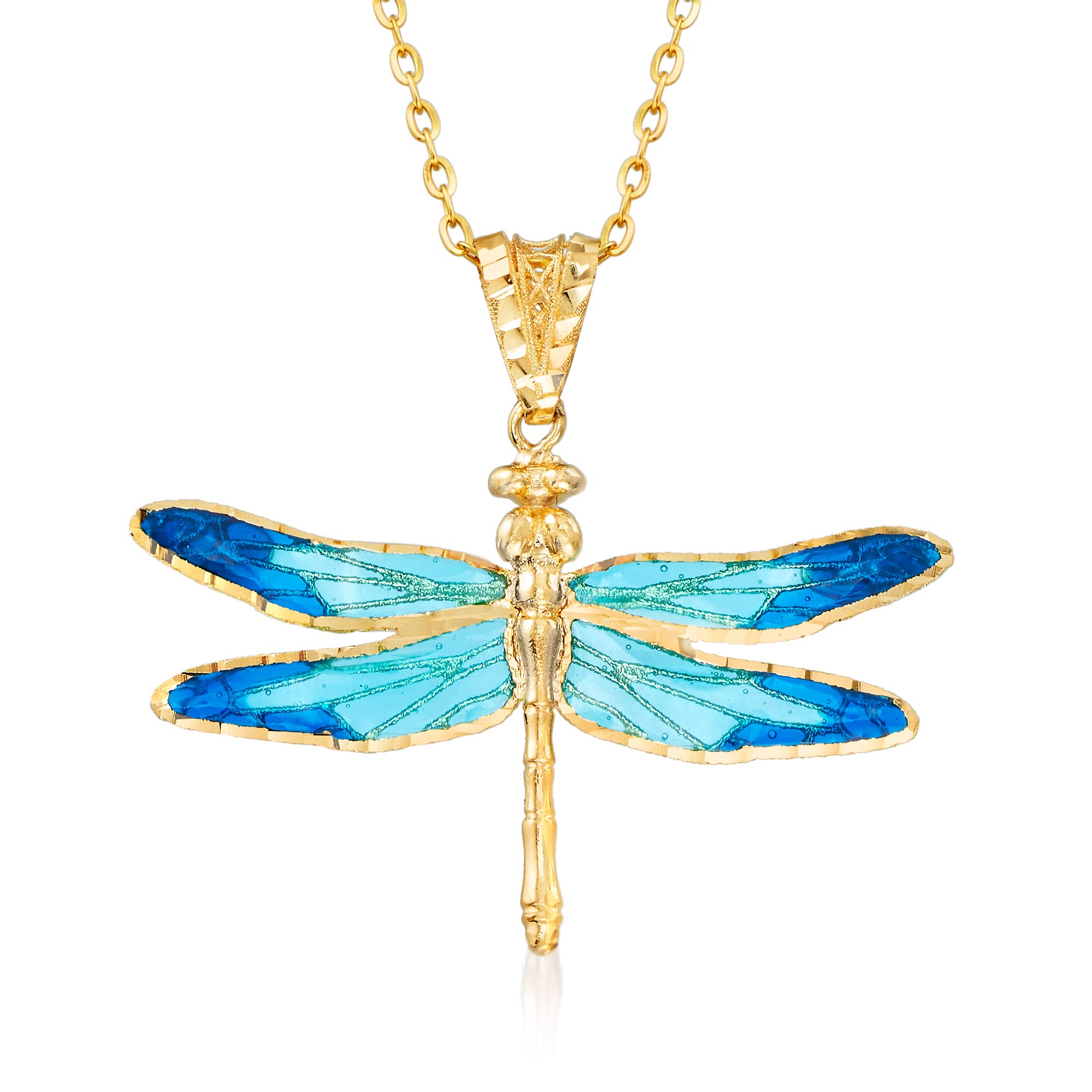 Ross-Simons Italian Blue Enamel and 18kt Yellow Gold Dragonfly Pendant Necklace. 20 inches