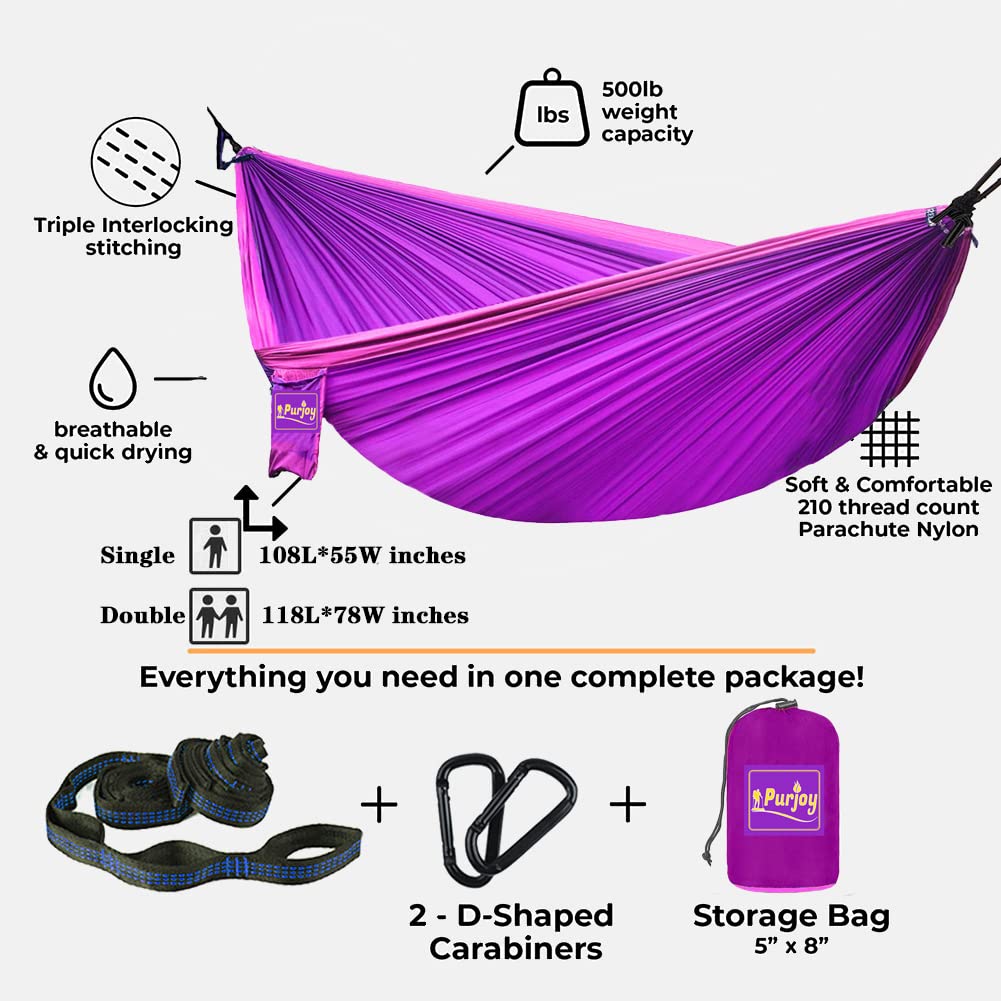 Purjoy Camping Hammock Single & Double Portable Hammocks with 2 Tree Straps (18 Loops/13.2 Ft Total),Lightweight Nylon Parachute Hammocks for Travel,Beach,Backyard,Patio,Hiking(Fuchsia/Purple1)
