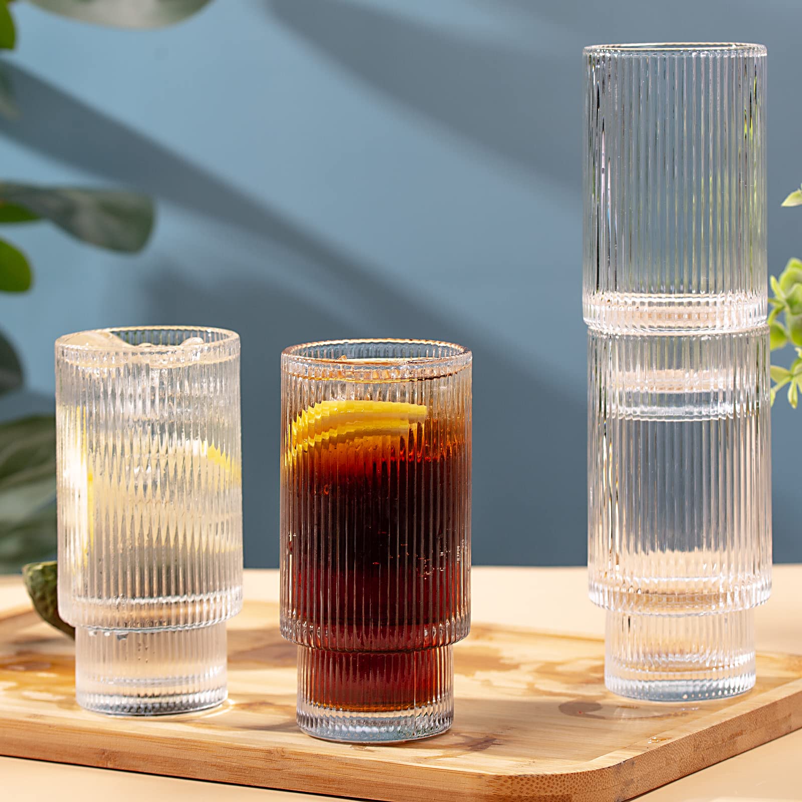 SUNNOW Vastto 11 Ounce Stackable Ribbed Glass Cup,Iced Tea Glasses for Water, Beverage,Juice, Wine,Beer and Cocktail,Set of 4