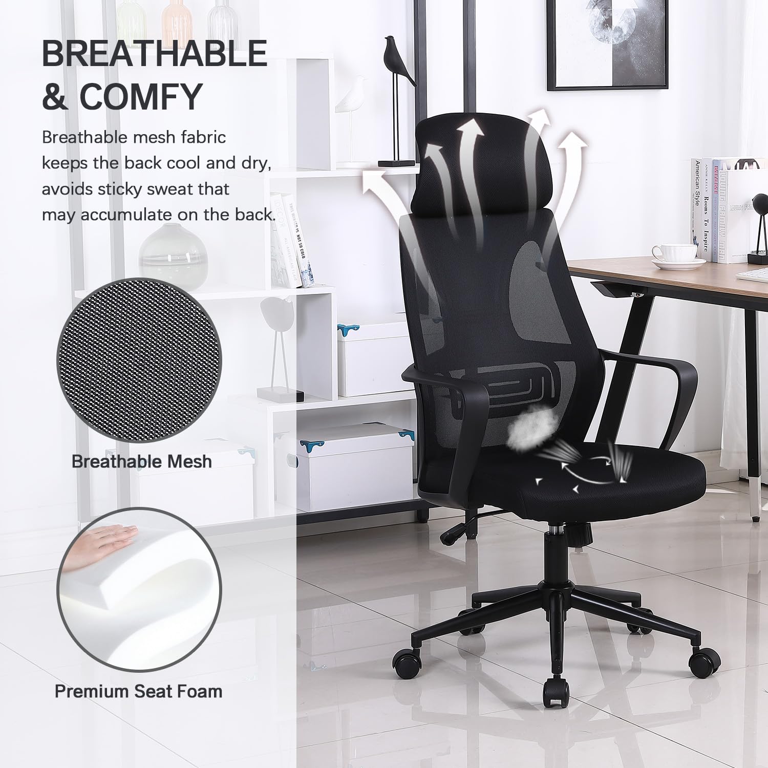 Nusetx Ergonomic Office Desk Chair - High-Back Adjustable Height Computer Chair with Lumbar Support, Armrests, Headrest, and Reclining Function, Swivel Executive Task Chair, Black