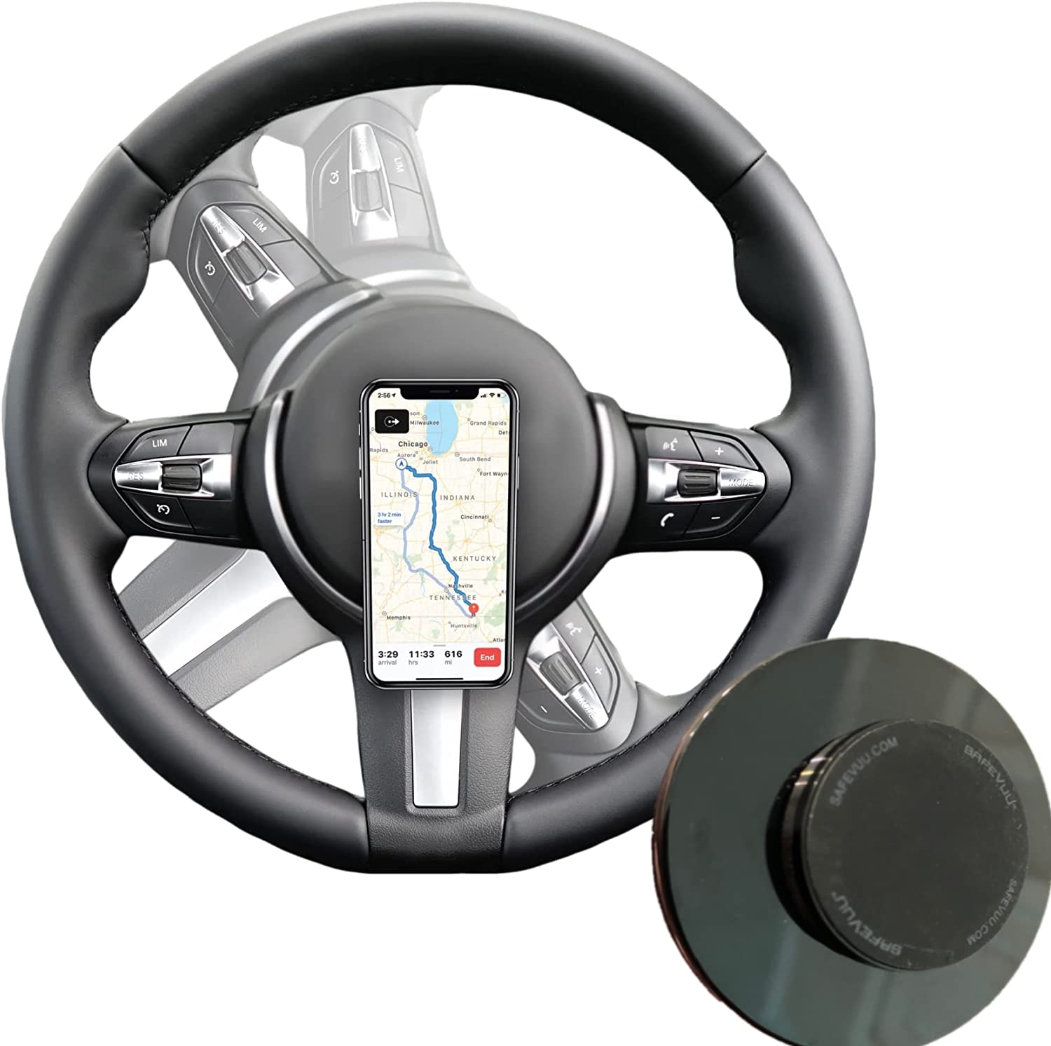 SafeVuu Magnetic Universal Steering Wheel Phone Holder - Perfect Rotating Magnet Mobile Mount for Golf Carts, Trucks, Utility Vehicles, Motor Coaches, GPS Hands - Free Driving