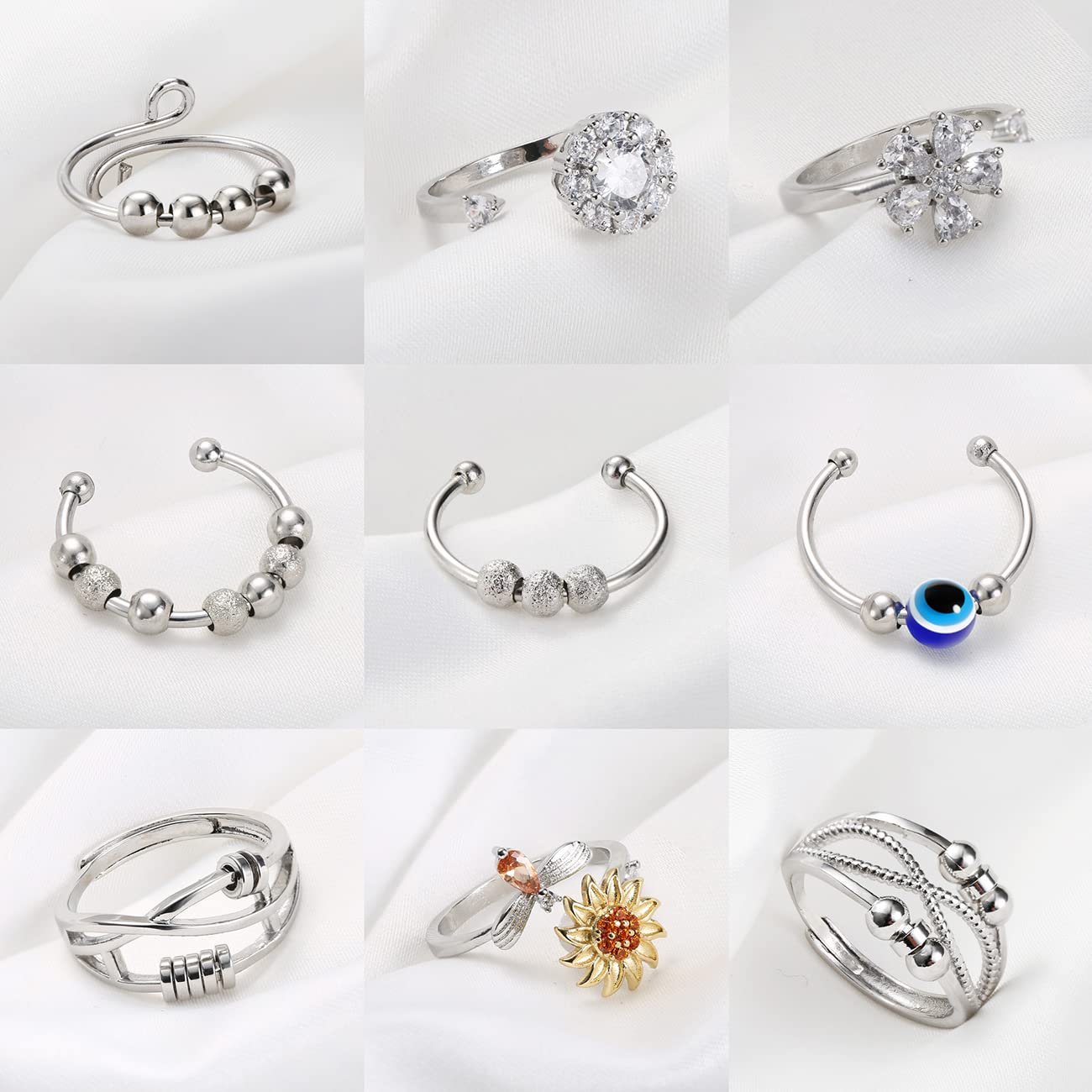 VALDEAS 9Pcs Fidget Anxiety Rings for Women Adjustable Spinner Rings Fidget Rings for Anxiety