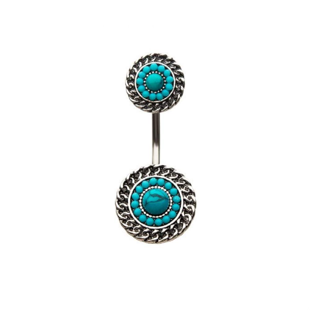 Pierced Owl Tribal Chain Swirl Bead Centered Stainless Steel Belly Button Navel Ring (Turquoise)