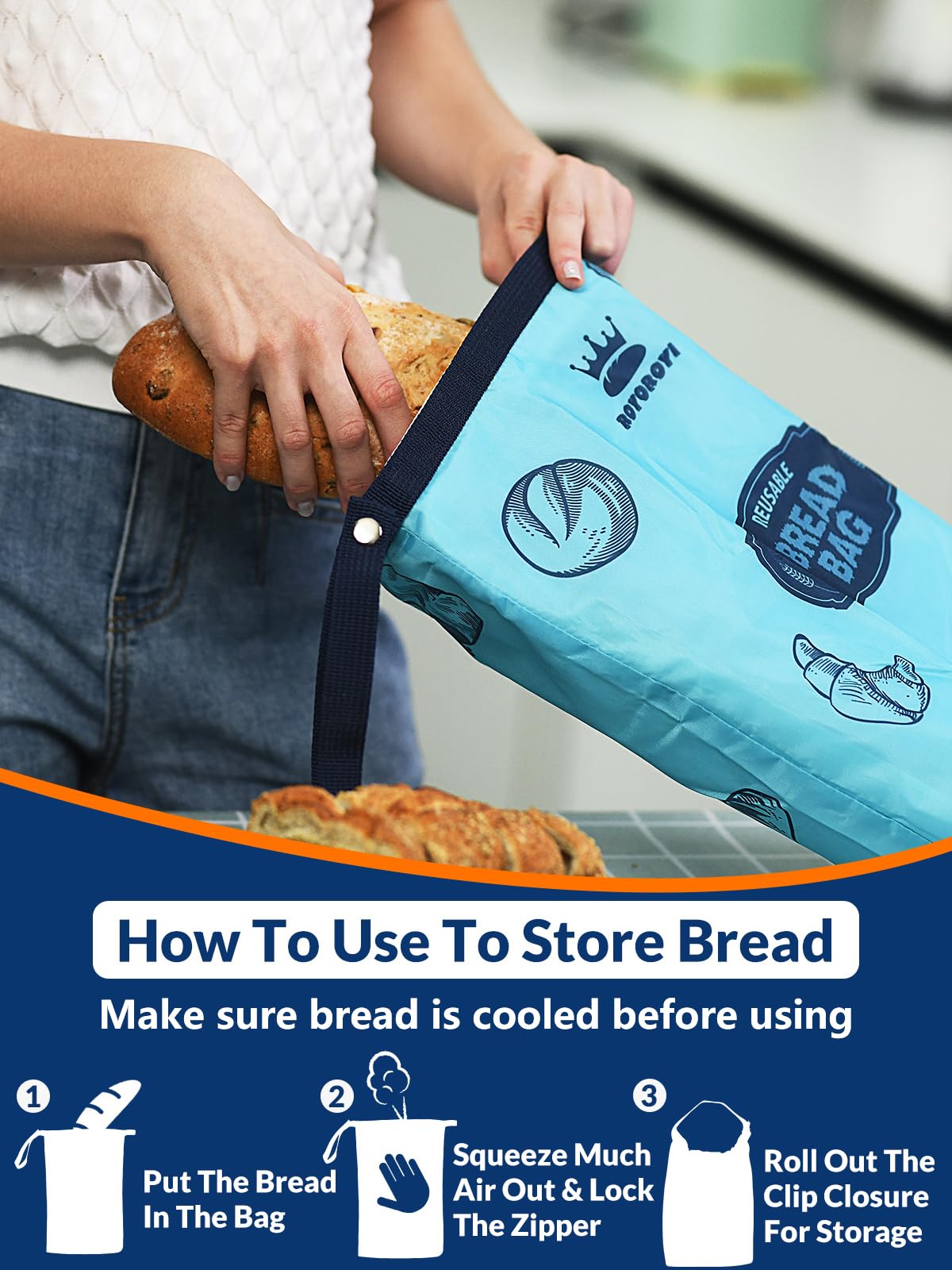 Royoroyi Bread Bags for Homemade Bread,2 Packs Reusable Bread Bag,Freezer Bread Storage Bag,Waterproof Zipper Bread Container to Keep Bread Fresh gift giving (beige, Jewel Blue)