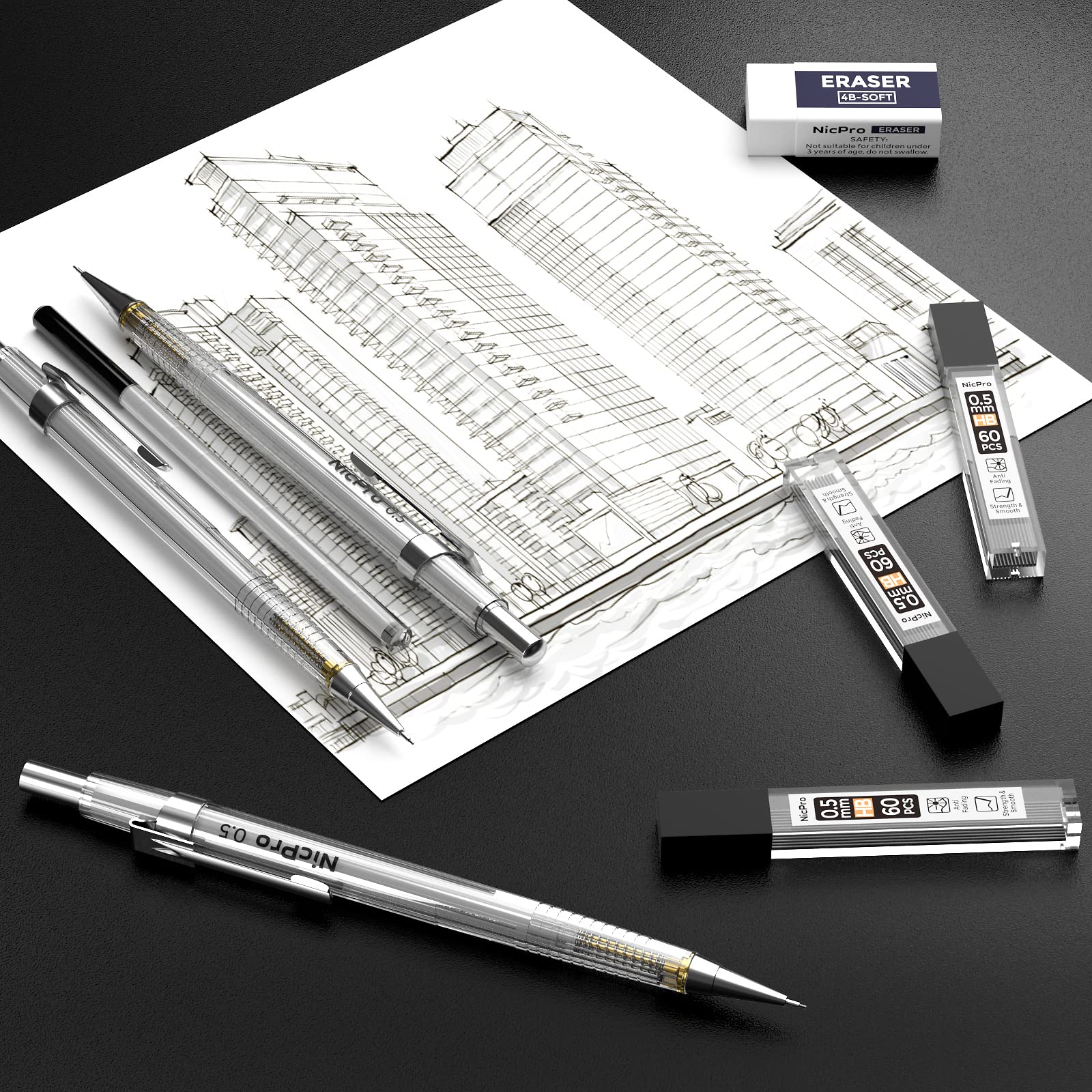 Nicpro 3 PCS 0.5 mm Art Mechanical Pencil Set with Case, Drafting Pencil 0.5mm with 3 Tubes HB Lead Refills, Eraser for School Supplier, Architect Art Writing, Drafting, Drawing, Sketching
