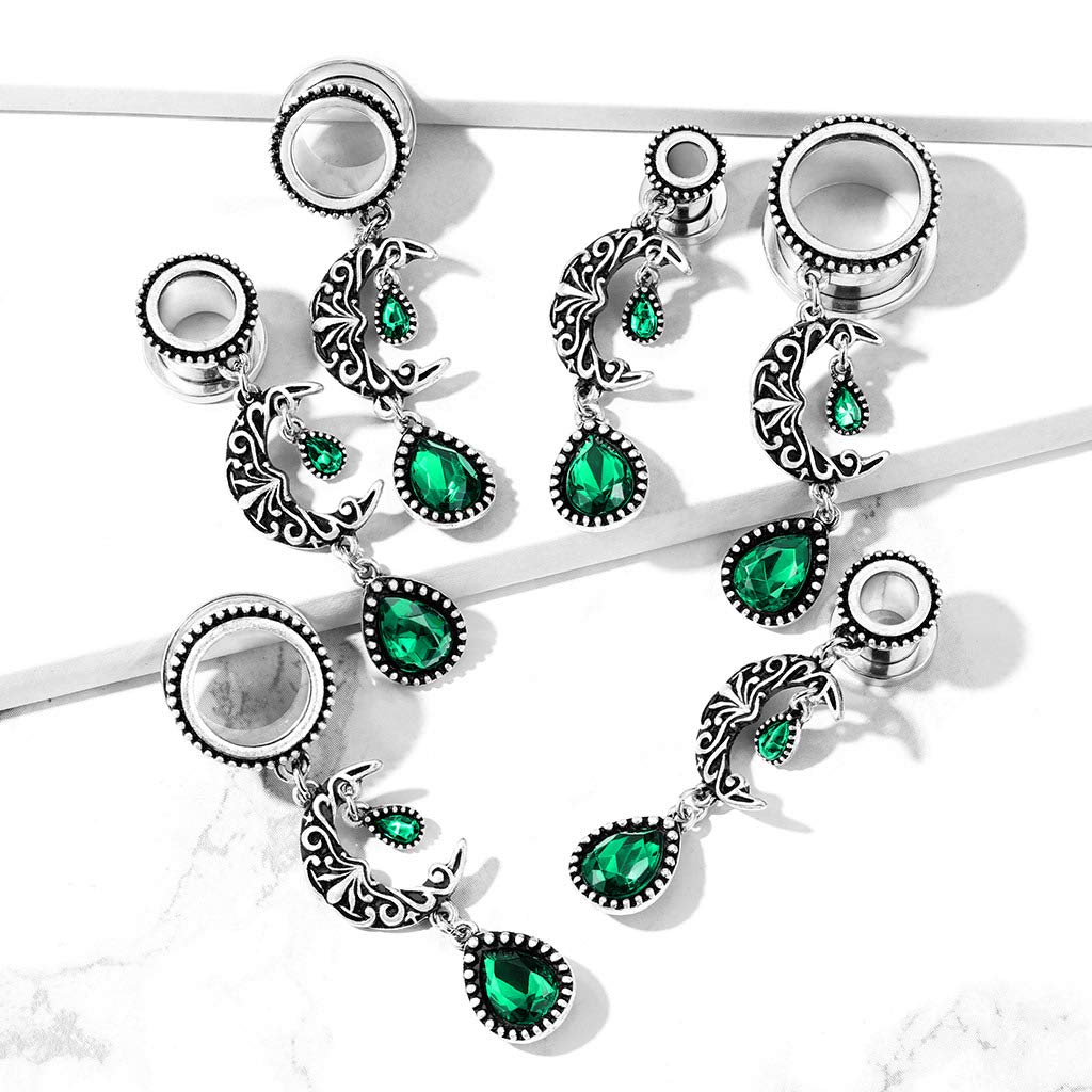 Pierced Owl Vintage Filigree Moon Dangling Vibrant Green Stone Set Flesh Tunnel Plugs, Sold as Pair (10mm (00GA))