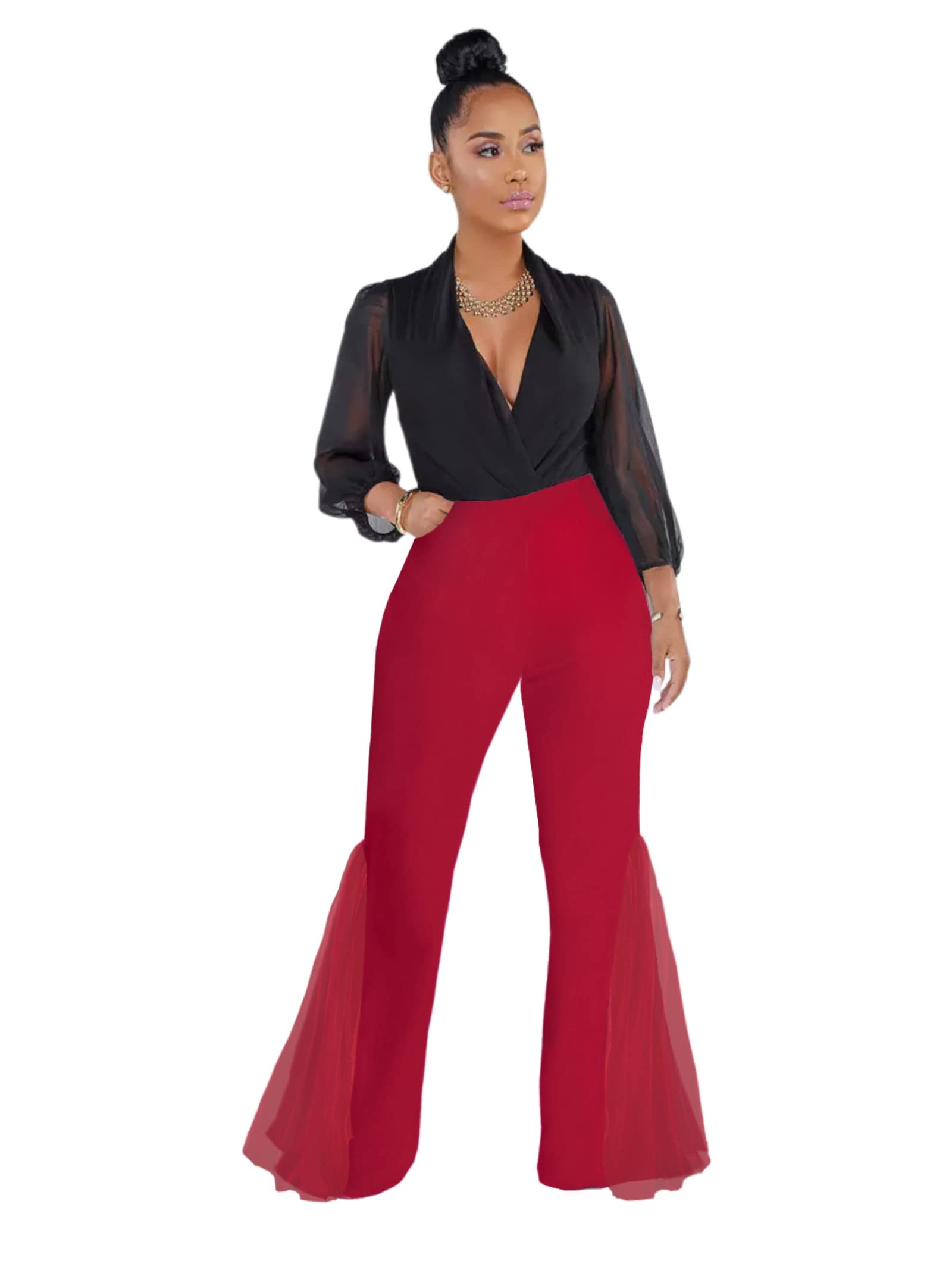 ThusFar Wide Leg Pants for Women High Waist Solid Stretchy Bell Bottom Flare Pants Mesh Yoga Pants