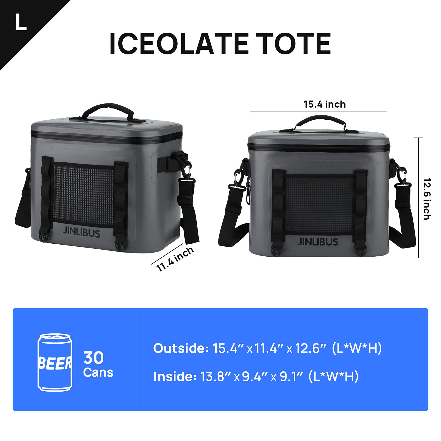 Soft Cooler Leak Proof Cooler Bag Portable Softsided Insulated Bag Waterproof Cooler for Camping, Fishing, Beach 30 Can Grey