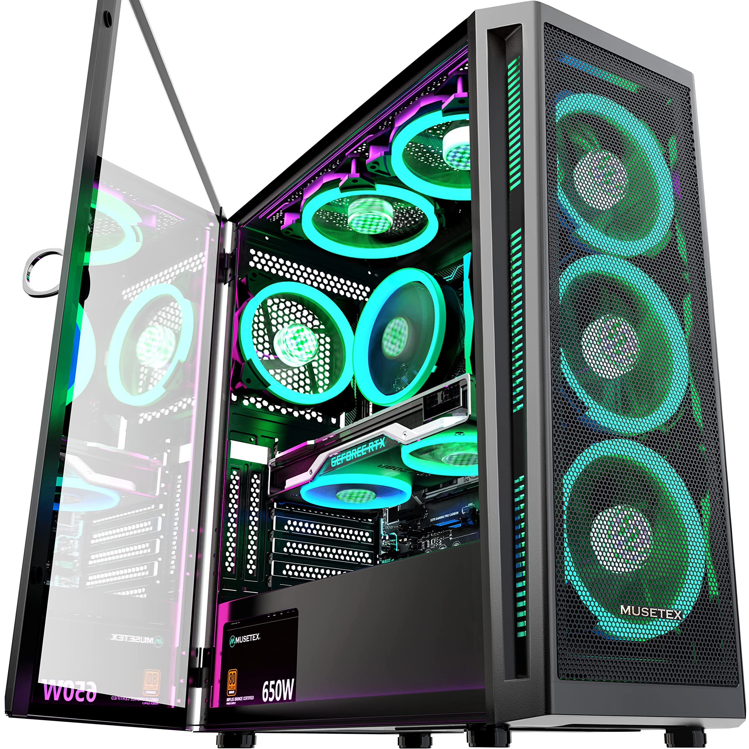 MUSETEX ATX PC Case Pre-Install 6 PWM ARGB Fans, Mid Tower Gaming Case with Opening Tempered Glass Side Panel Door, Mesh Computer Case, TW8