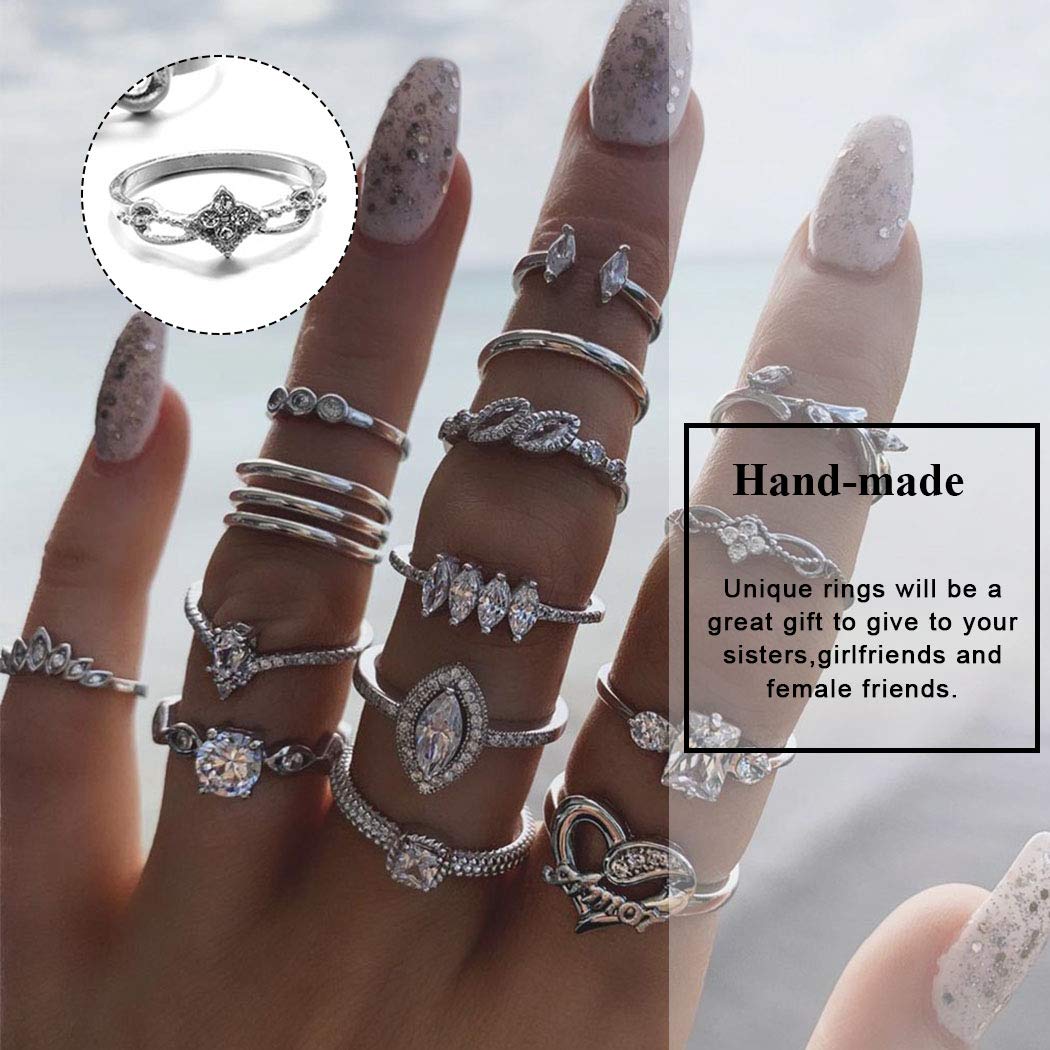 Simsly Vintage Knuckle Ring Stackable Silver Joint Nail Ring Crystal Knuckle Rings Set for Women and Girls(15PCS (Boho) (Set-1)