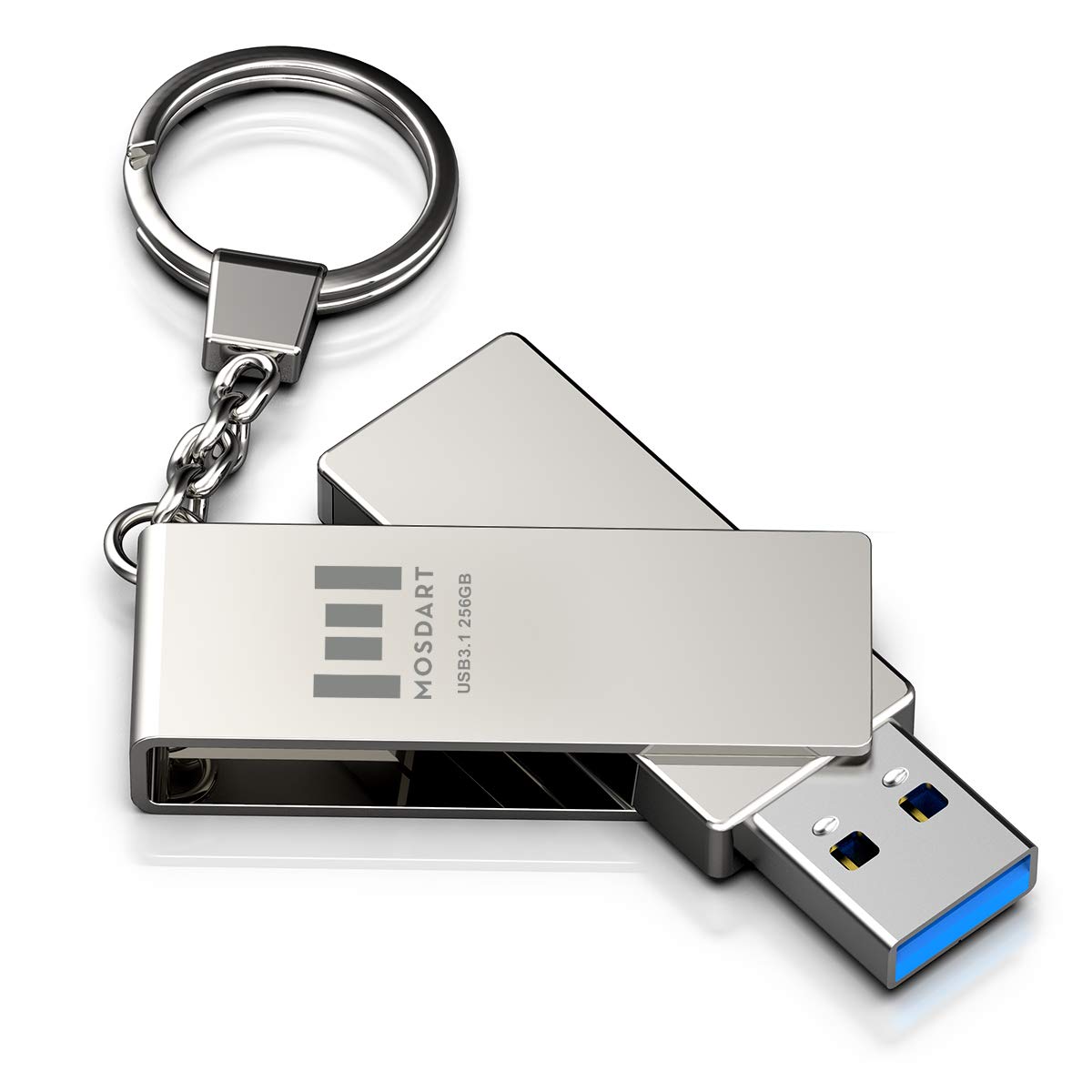 MOSDART 256GB 300Mb/s USB 3.1 Flash Drive Fast Speed and Rugged Metal Thumb Drive with Keychain USB3.1 256 GB 360-degree Jump Drive for Data Storage - Silver
