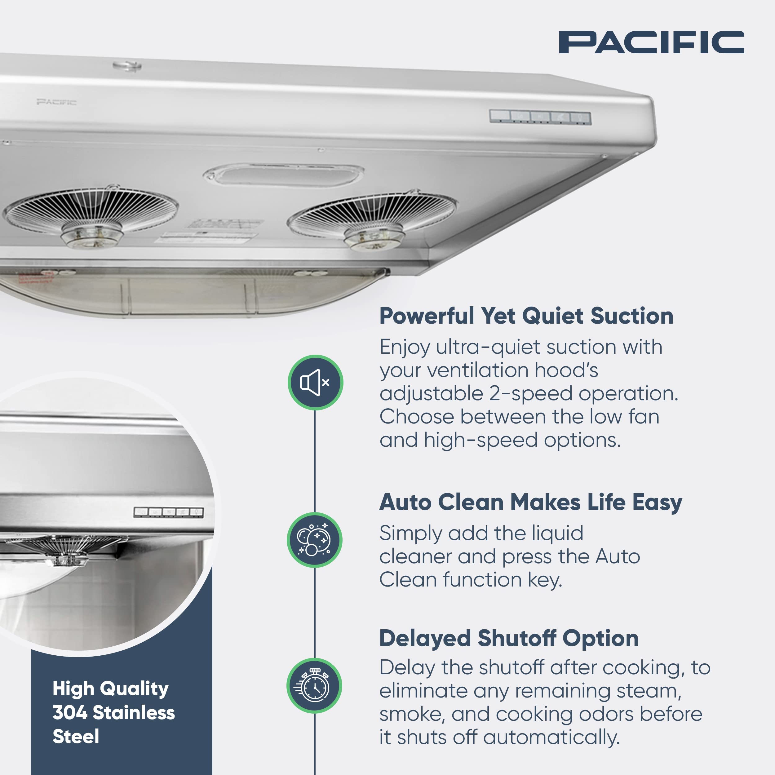 Pacific Auto Clean Under Cabinet Ducted Range Hood 36" - 900 CFM Powerful Kitchen Vent Hood - Electric Stainless Steel, Ultra Quiet, Touch Control, Filterless, LED Lights, Auto Cleaning AC3036BS