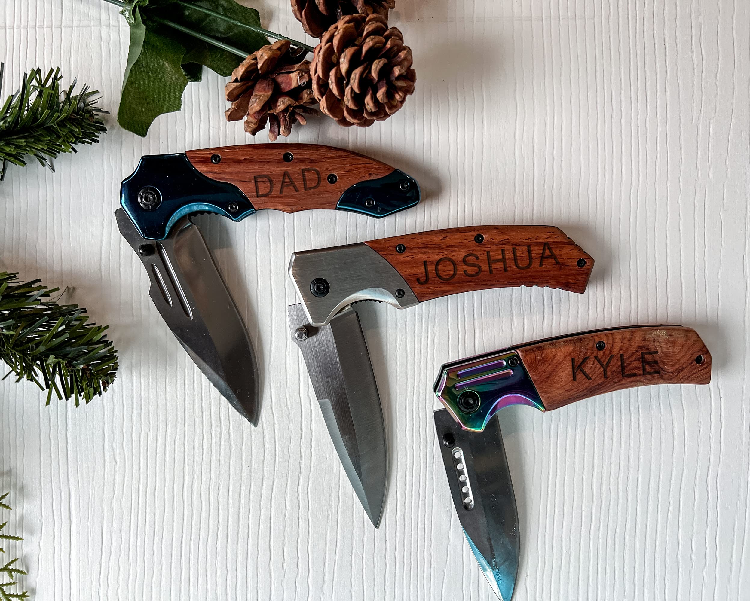 Personalized POCKET KNIFE Engraved Wood Folding Knive Stainless Steel l Standard Edge 5" Blade Wood Handle With Ultra-Secure & Comfortable Belt Clip Custom Gifts for Him Men Dad Boyfriend Father Husband Anniversary Groomsmen (Knife Engraved)
