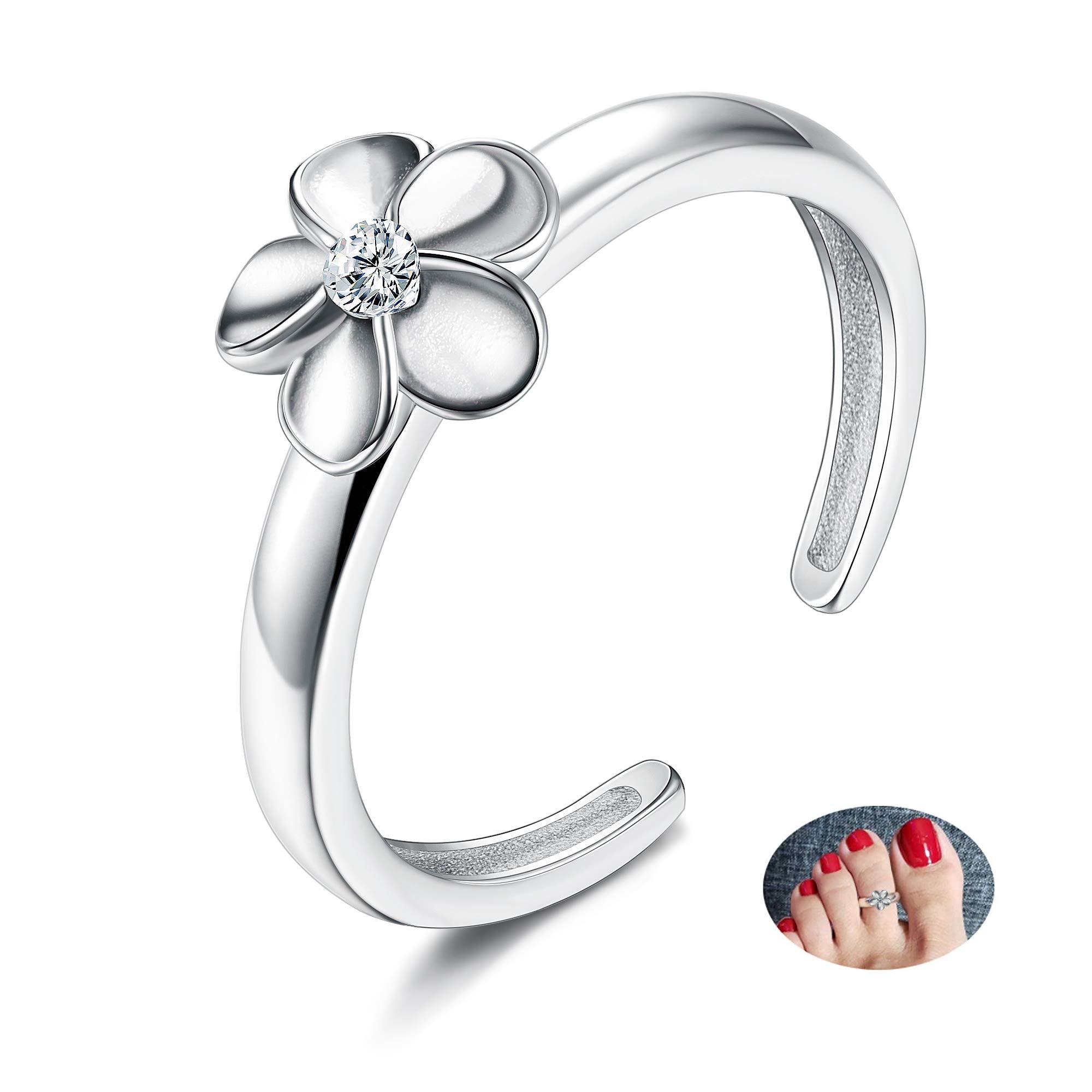 Sllaiss 925 Sterting Silver Open Toe Ring for Women Flower Adjustable Toe Ring Hypoallergenic CZ Rings Simple Open Thin Band Ring Tail Ring Foot Jewelry