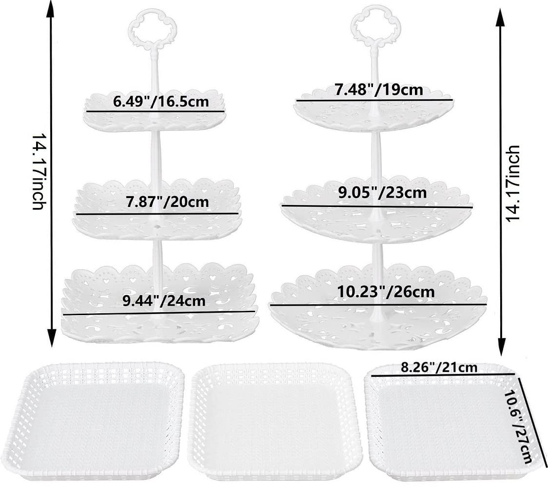 Set of 5 Dessert Stand Set, 3 Tiers White Plastic Cupcake Stand Holder & Rectangle Plastic Party Serving Trays/Platters for Wedding Birthday Baby Shower Tea Party Buffet (Rectangular)
