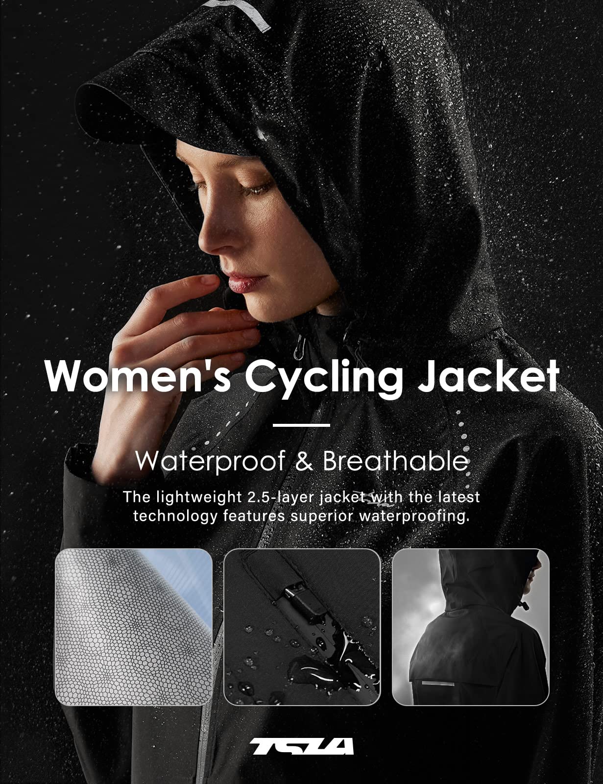 TSLA Women's Cycling Windbreaker Jacket, Waterproof Running Workout Rain Jackets, Packable Reflective Hiking Hoodie, Cycling Black, Small