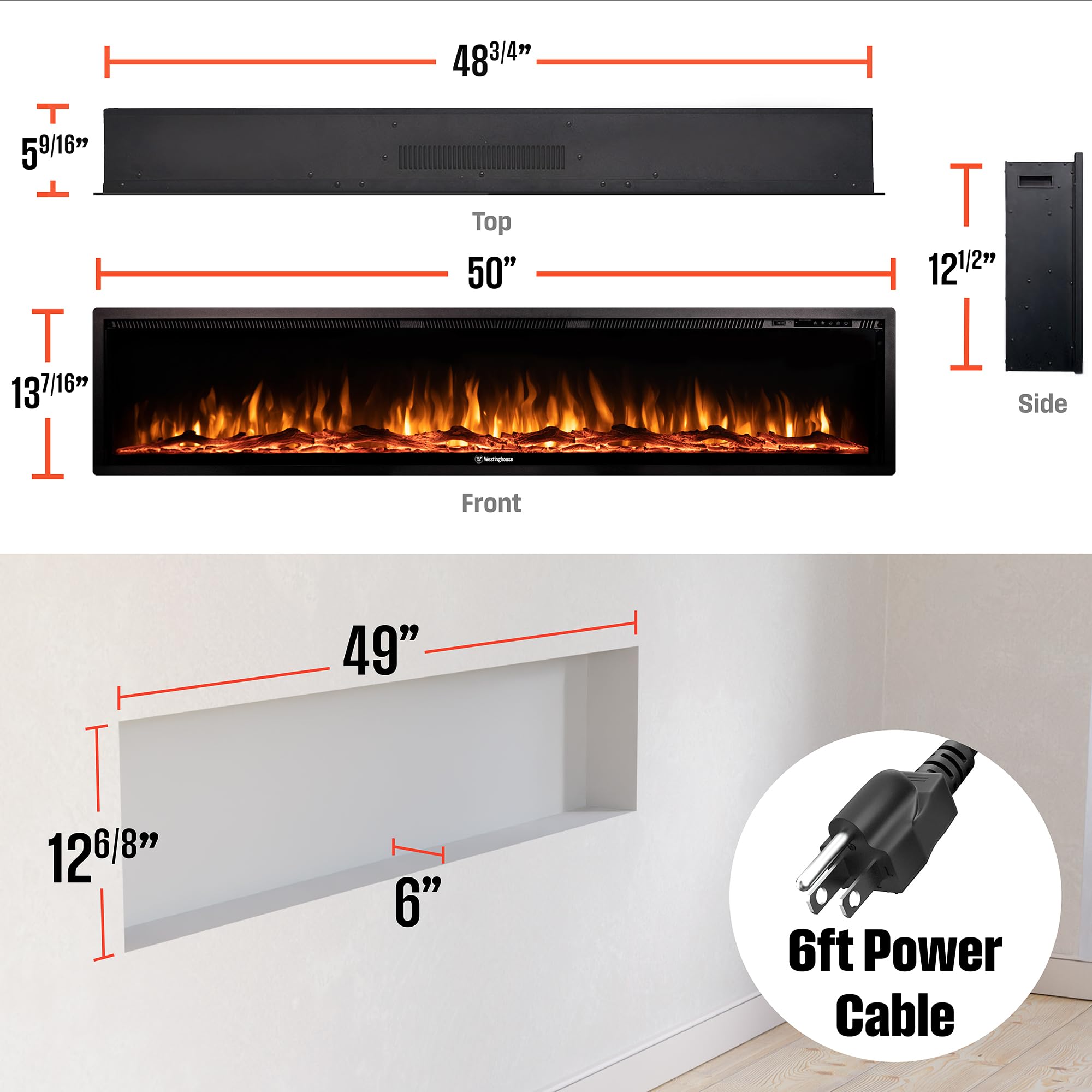 Westinghouse 50 Inch Electric Fireplace Heater, Compatible with Alexa & Google Home, Wall Mount or in-Wall Recessed Fireplace Insert, 24 Hour Timer, Color Changing Flames, 750W/1500W Indoor Heater
