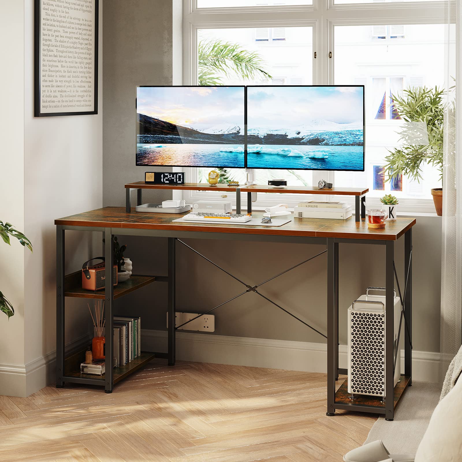 ODK 63 inch Computer Desk with Monitor Shelf and Storage Shelves, Writing Desk, Study Table with CPU Stand & Reversible Shelves, Vintage