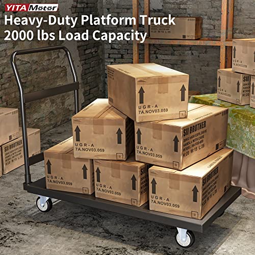 YITAMOTOR Platform Truck Push Dolly, 2000lb Capacity Push Cart Heavy Duty Rolling Flatbed Cart, Large Portable Dolly with 4 Swivel Wheels for Loading(2 Wheels with Brake)(47" L x 24" W)