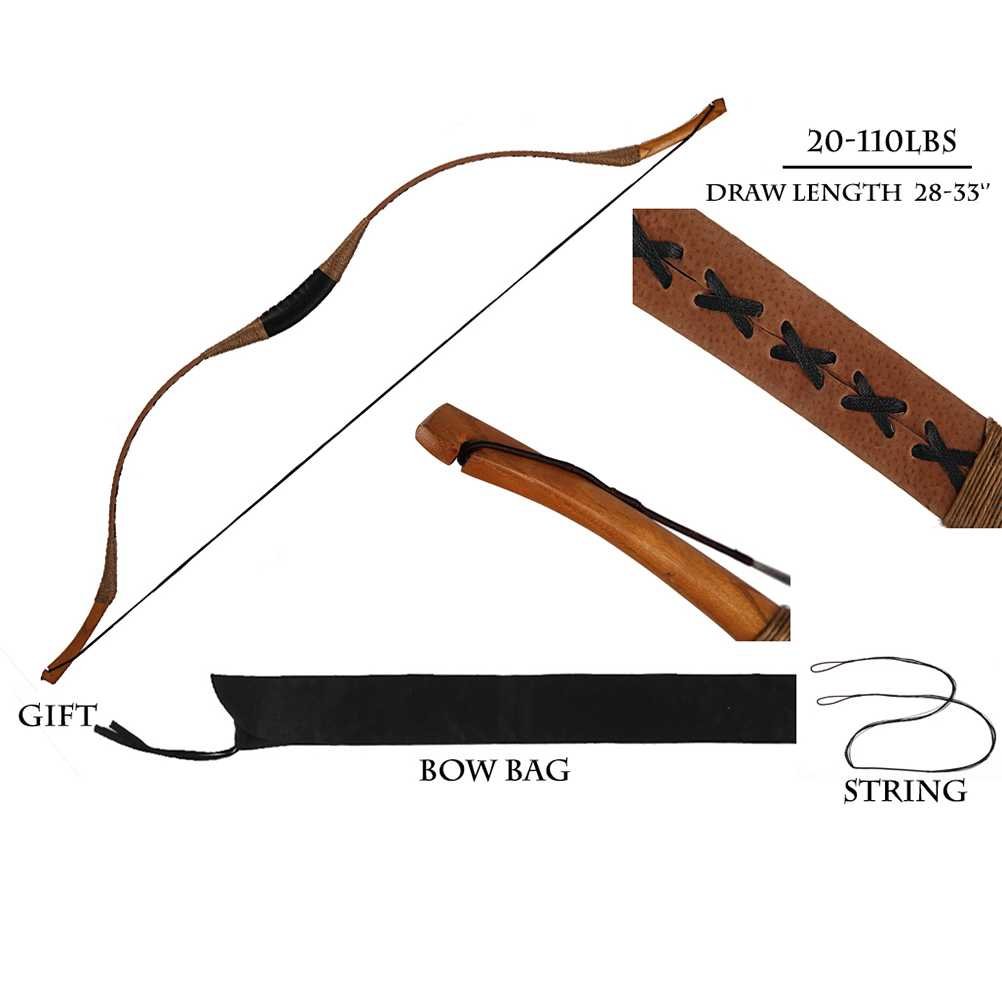 PG1ARCHERY Traditional Archery Recurve Bow Longbow Basic Handmade Pig Leather Horsebow Long Bow Left and Right Handed for Hunting Practice Target 65lbs