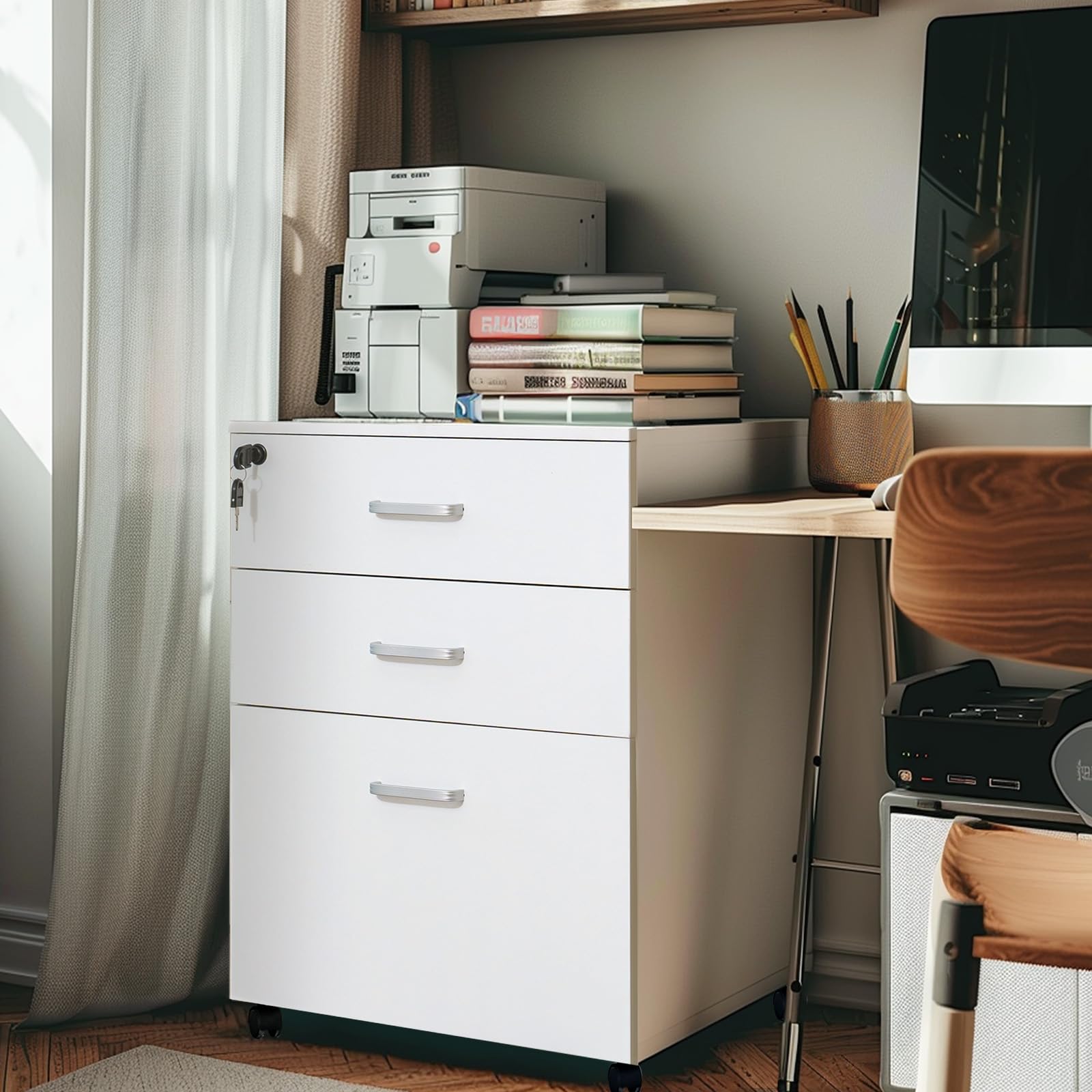 QDSSDECO 3 Drawer Mobile File Cabinet, Rolling Vertical Filing Cabinet fits A4, Legal Paper and Letter Paper for Home Office, White with Lock