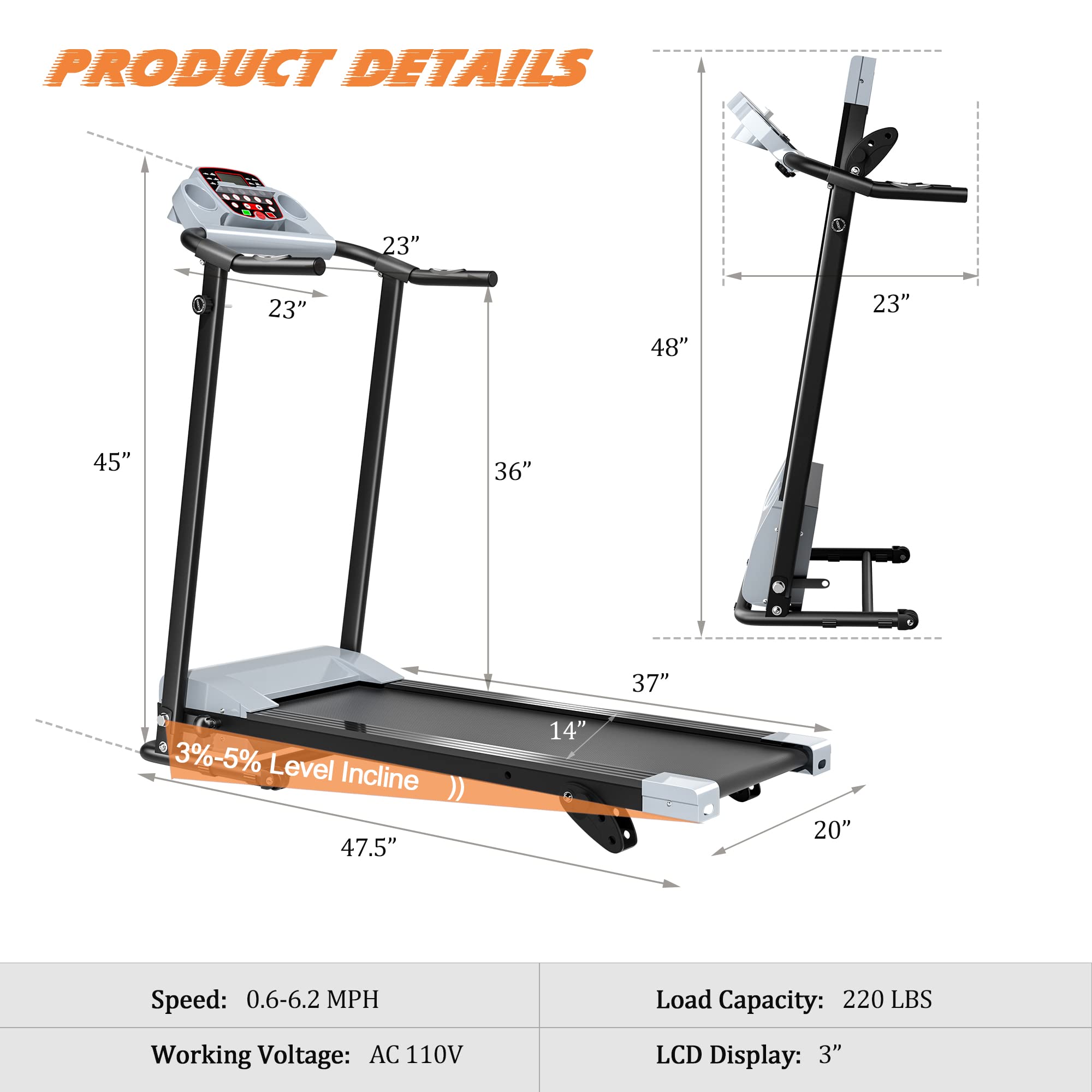 Sandinrayli Folding Electric Treadmill, Running Machine w/3 Manual Incline & 12 Preset Program, Home Workout Machine for Office Apartment Small Space