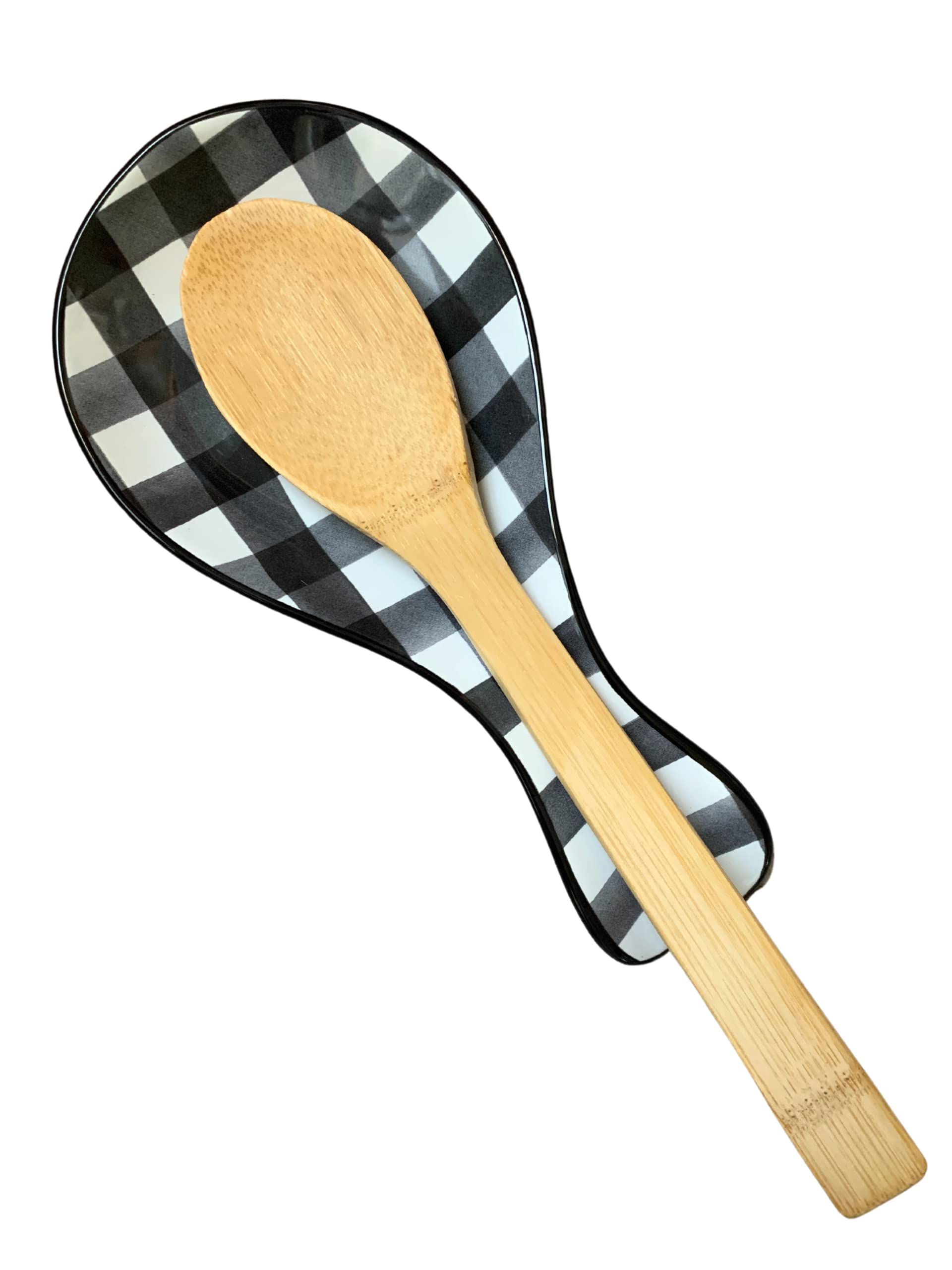 YLF Collections Buffalo Plaid Spoon Rest & Spoon Set, Large Black & White Spoon Rest with Bamboo Spoon, 10.25x4.9x1
