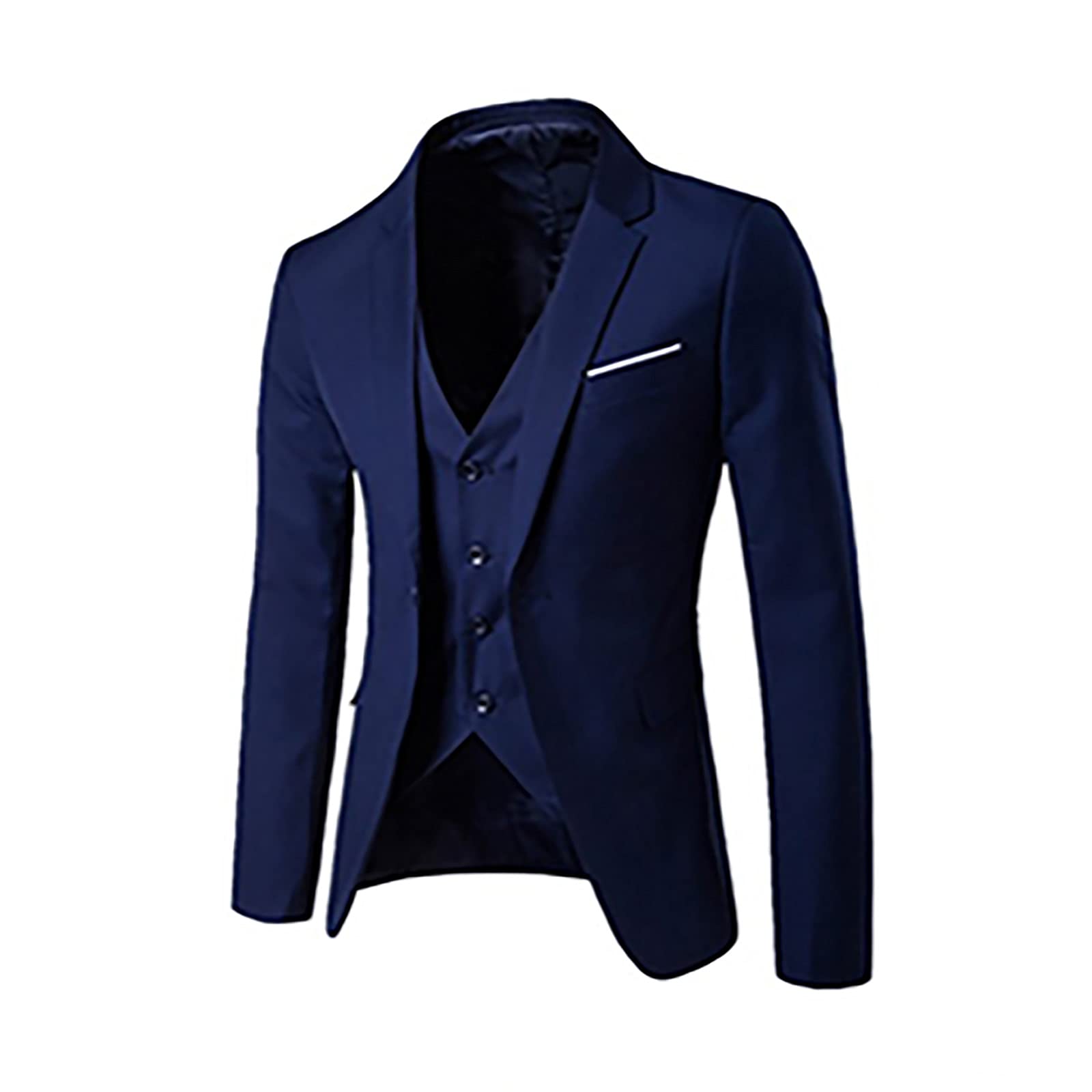 Men's 3 Piece Solid Suit Set, One Button Slim Fit Casual Blazer Jacket Vest Pants Business Notch Lapel Tux Dress Navy