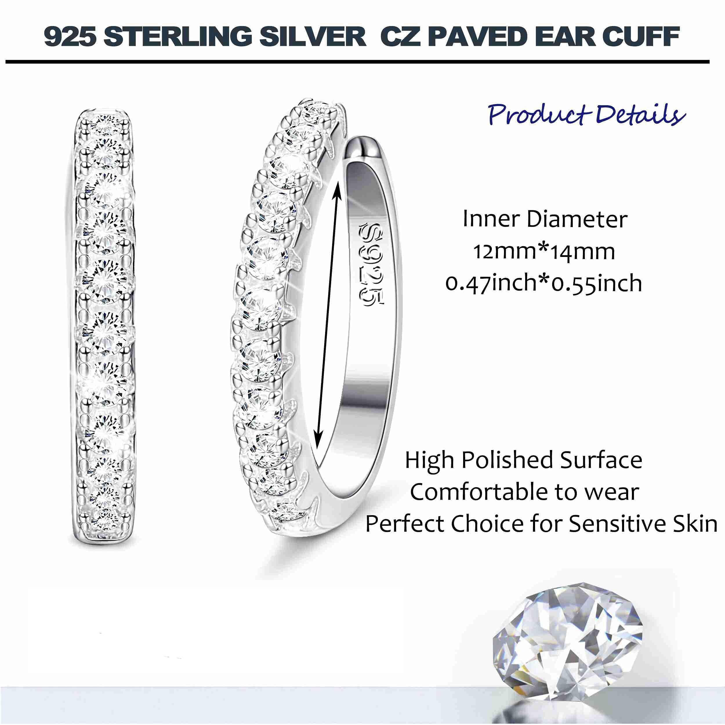 Sllaiss Minimalist 12mm Ear Cuff Cubic Zirconia 925 Sterling Silver Cuff Earrings for Women CZ Pave Non Pierced Ear Cuff 18K Gold Plated