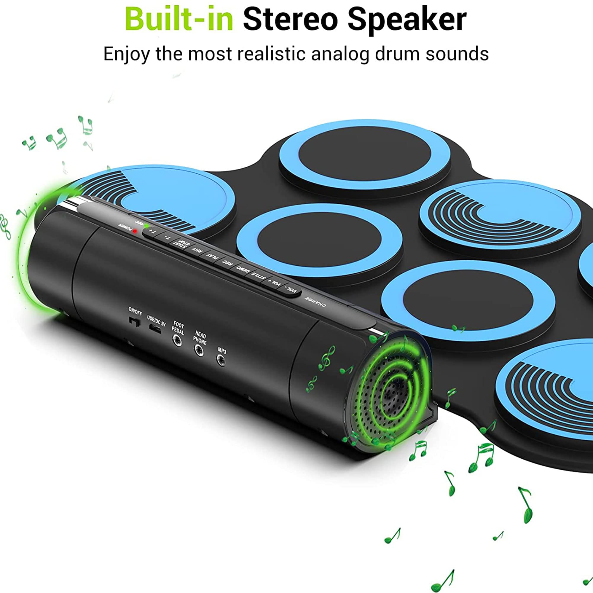PAXCESS 7 Pad Portable Electronic Drum Set with Headphone Jack, Built-in Speakers, Drum Stick, Foot Pedals, Rechargeable Battery, and Charger
