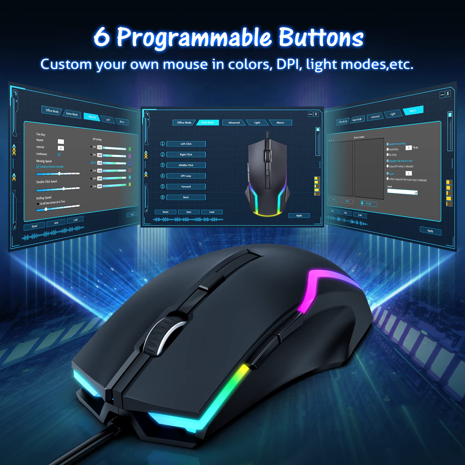 WEEMSBOX Gaming Mouse Wired, PC Computer Mice with 7 RGB Backlit Modes, Gamer Computer Mouse[8000 Adjustable DPI]- 6 Programmable Buttons for Windows PC Laptop